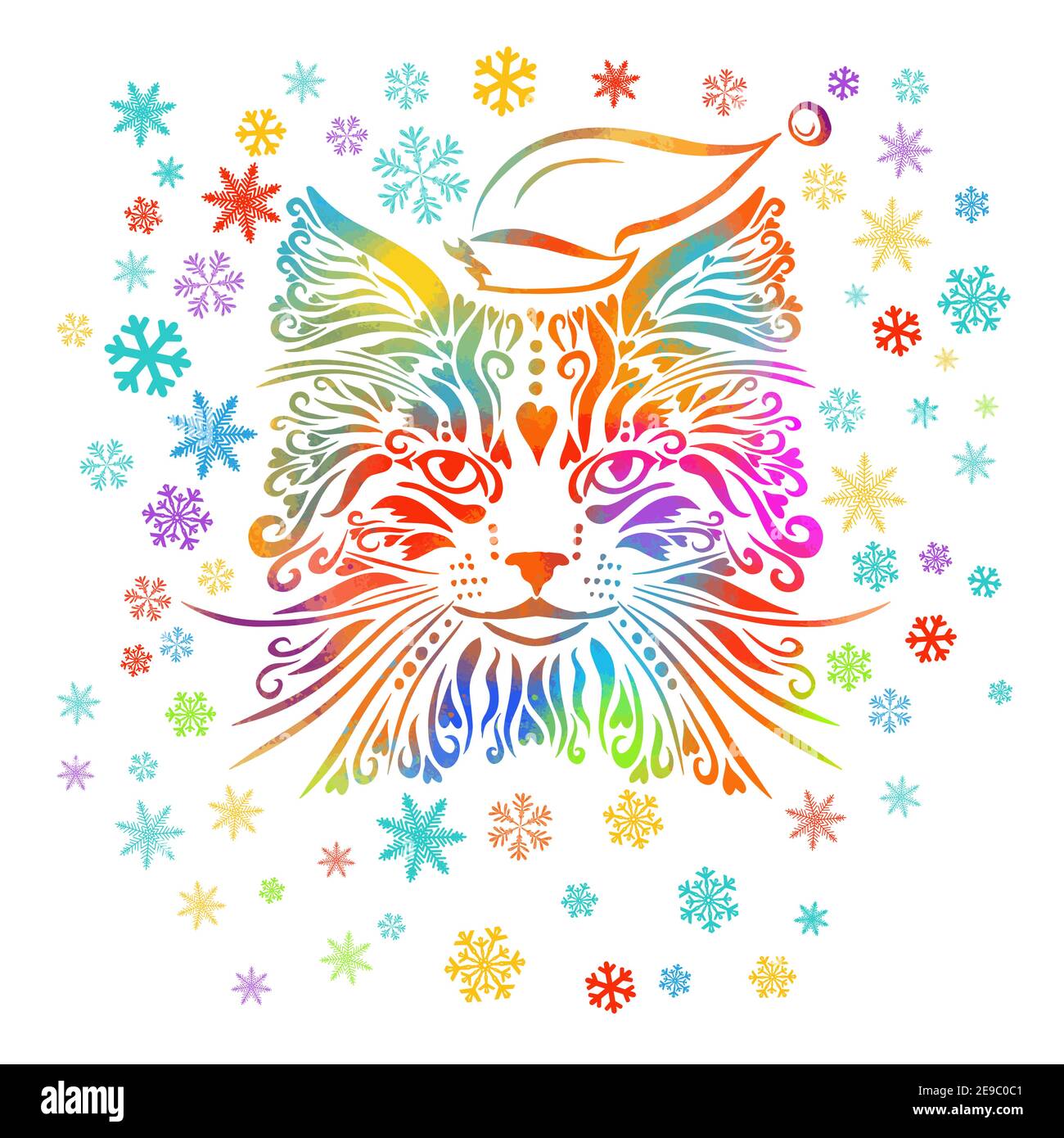 Graphic stylized cat face. Multi-colored cat with snowflakes. Vector ...