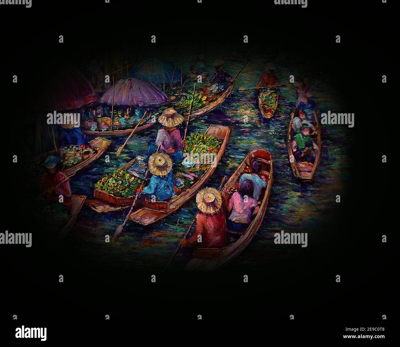 Art ,painting, Oil color ,Floating market , dumnoen saduak Stock Photo ...