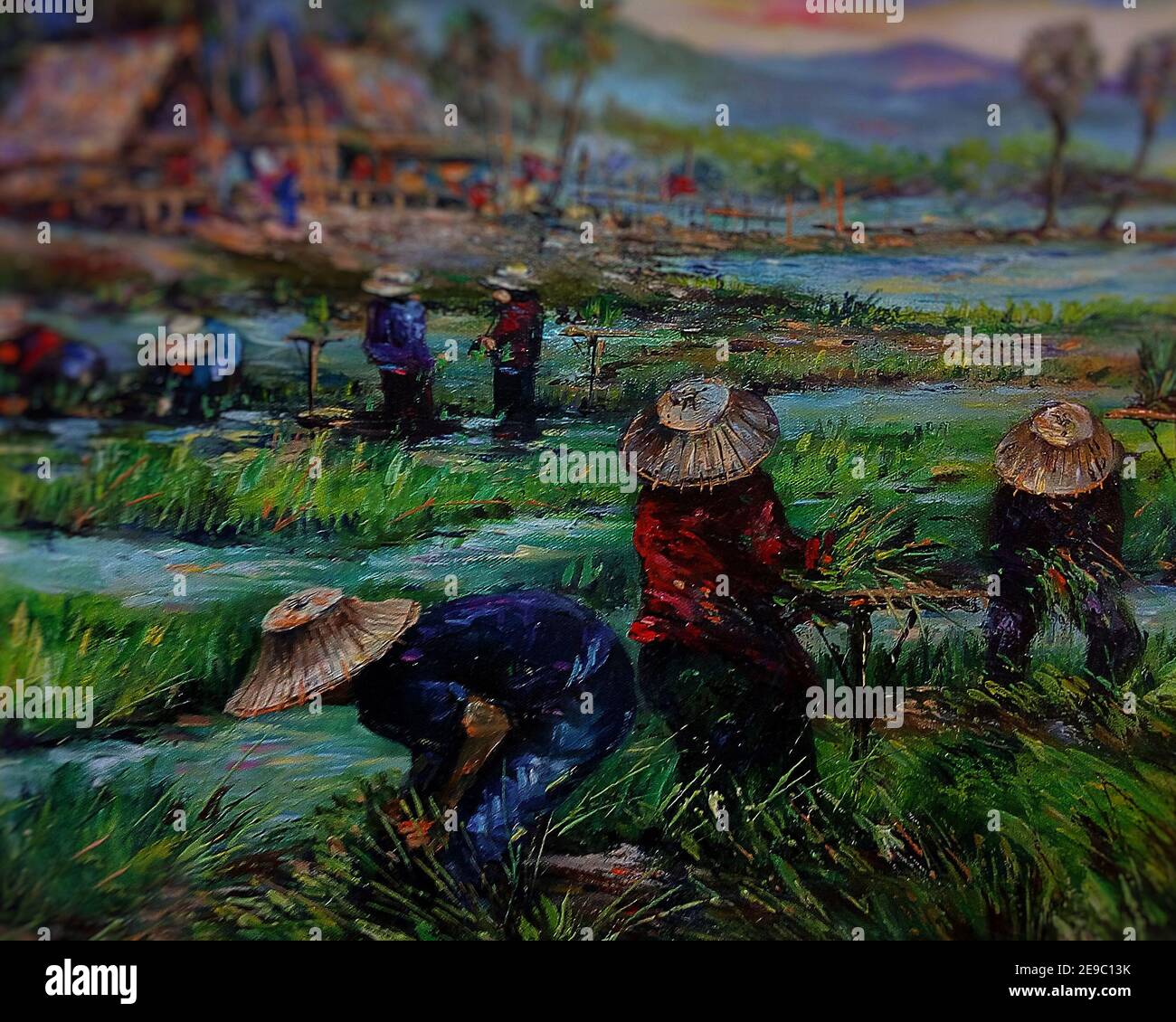 Art painting oil color Thailand Grow rice , Transplant rice seedlings ...