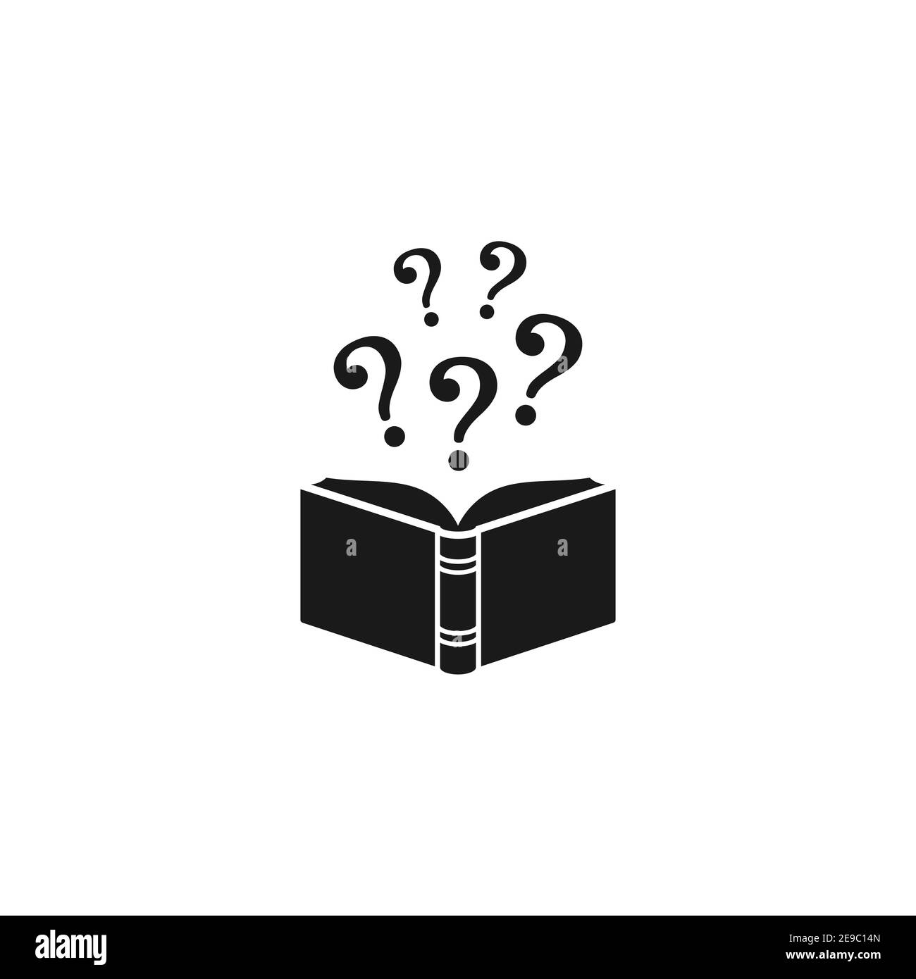 Open black book with black question marks flying out. Isolated on white ...