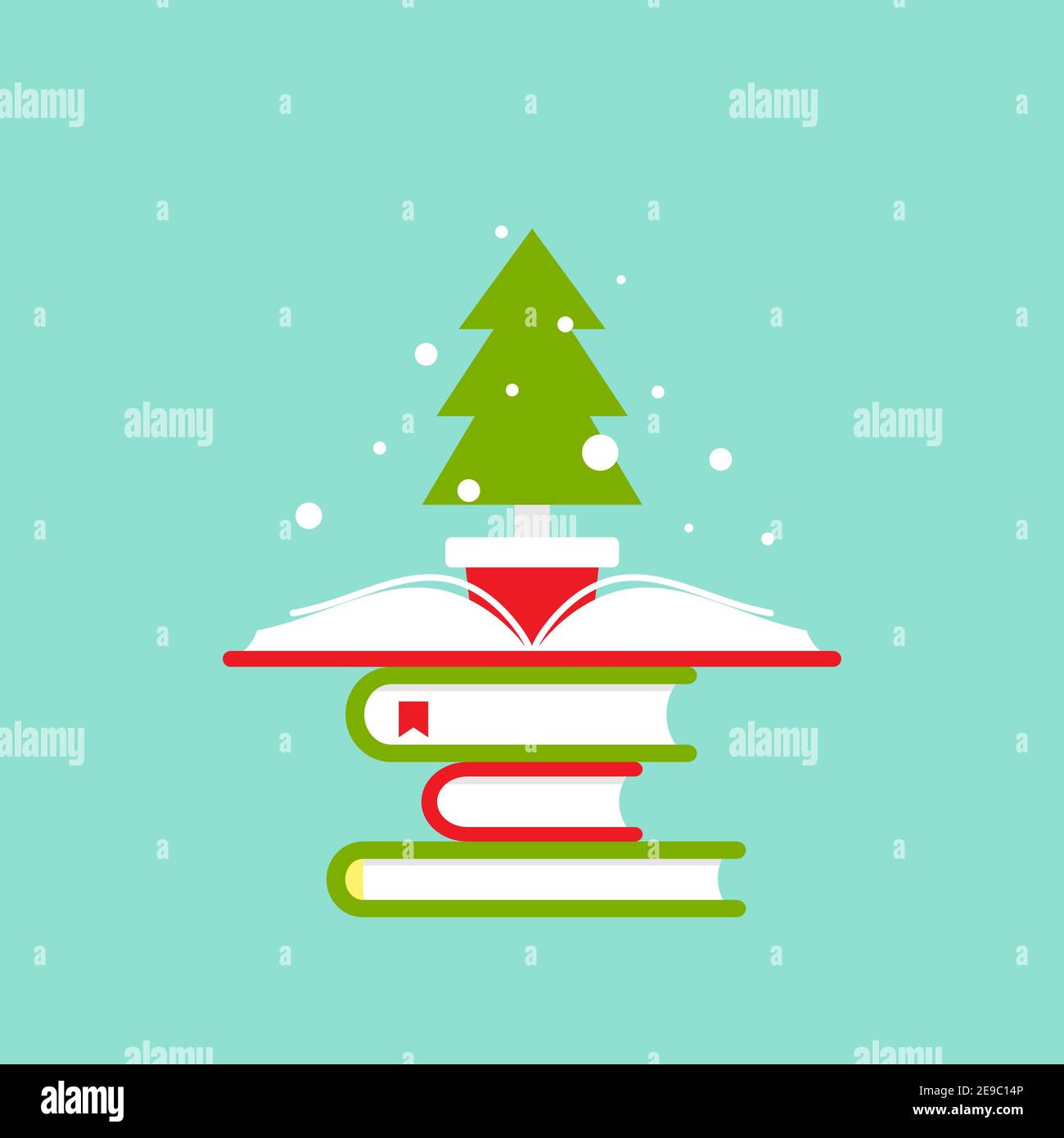 Red open book with Christmas fir tree and snow on blue background ...