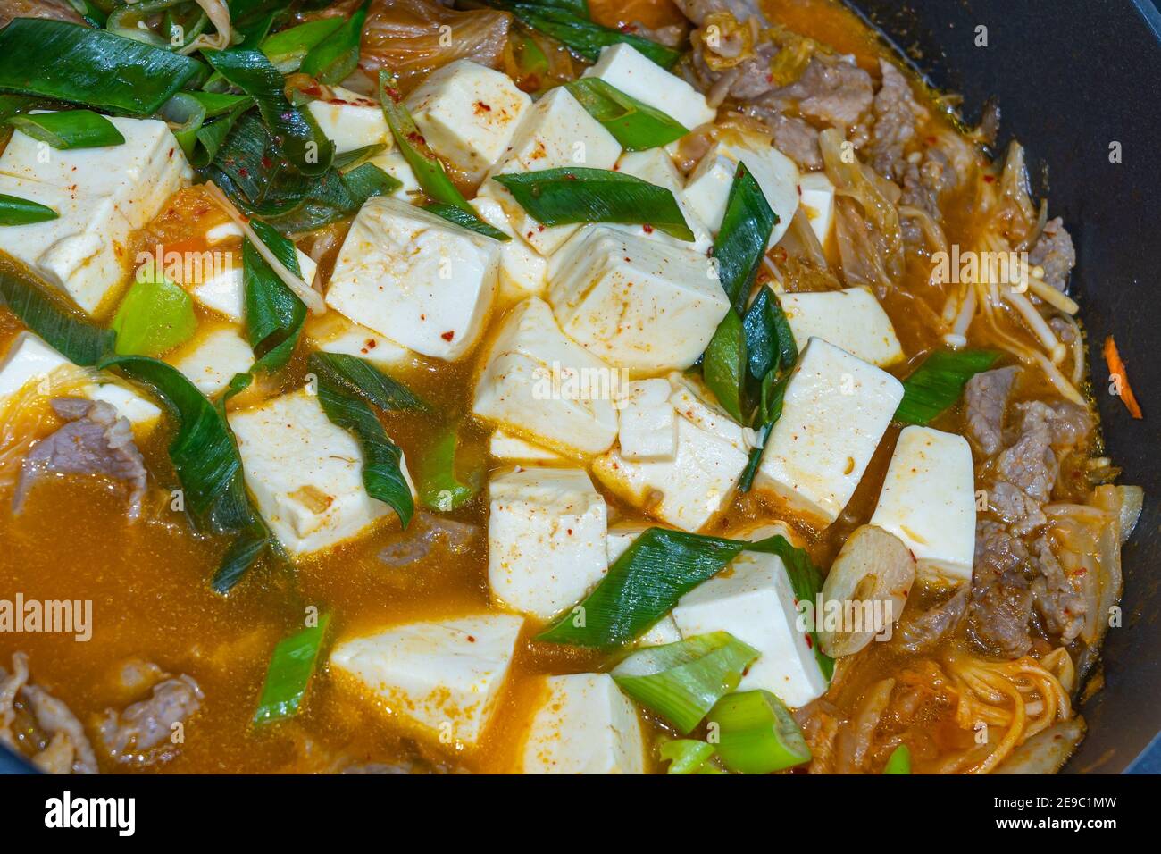 Close up photo of sour and spicy Korean kimchi jjigae soup Stock Photo ...