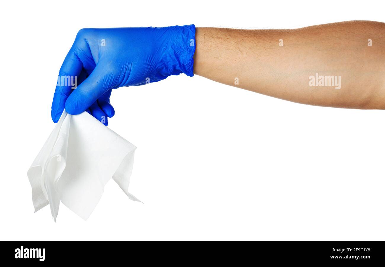 Hand with blue gloves takes a white cloth Stock Photo - Alamy