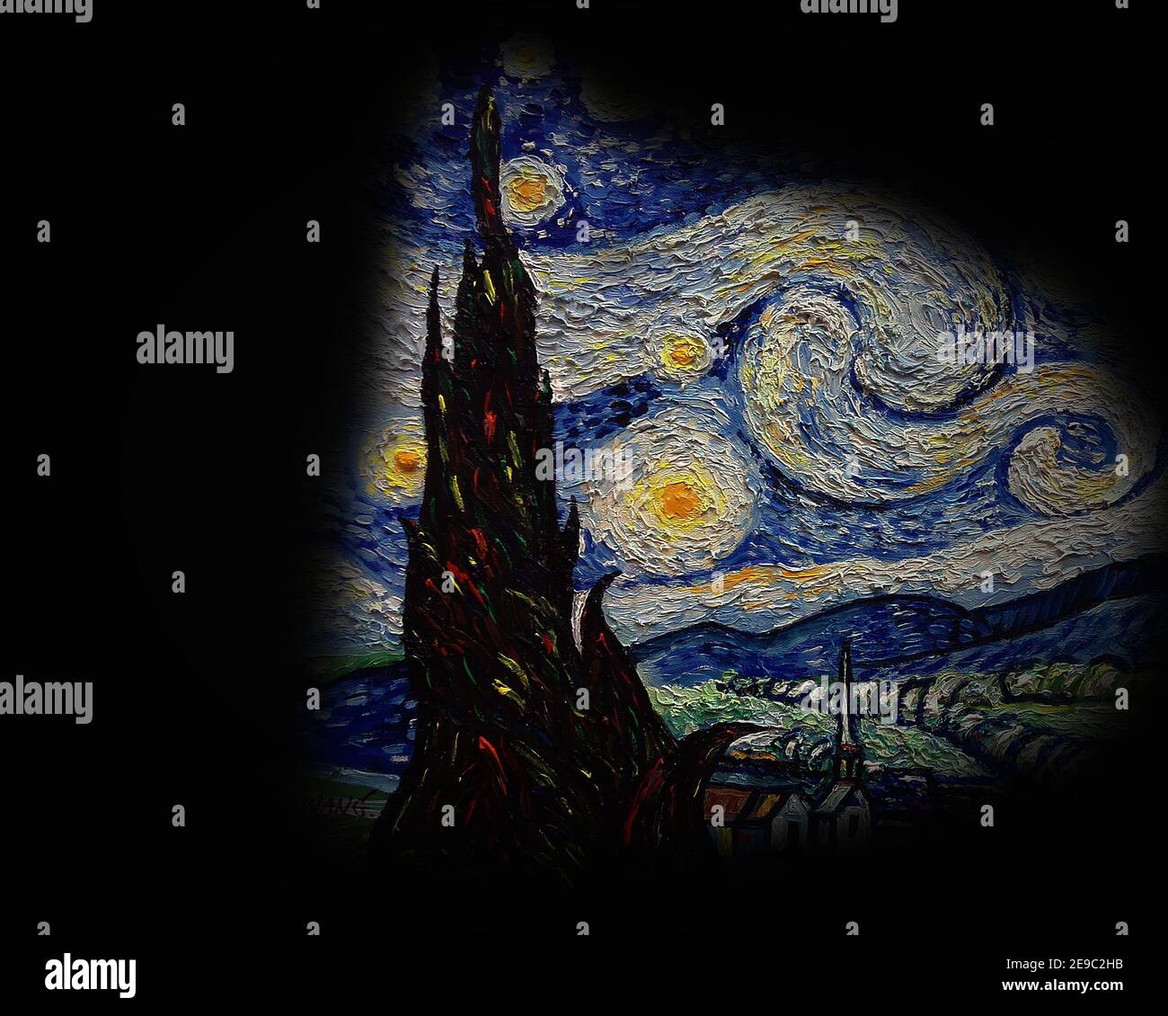 The Starry Night , Art painting Oil color moon Mountain village , van ...