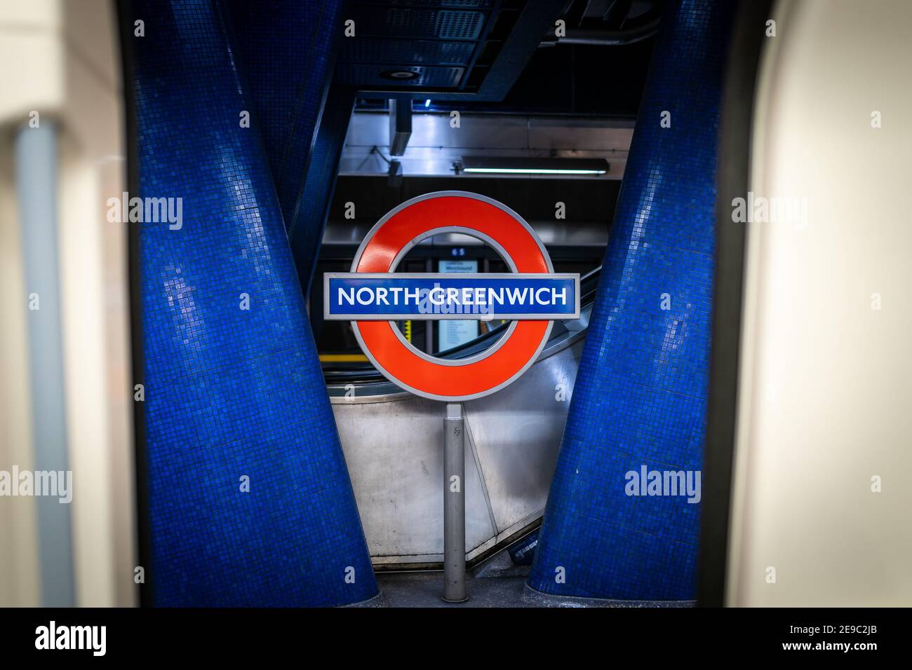 North Greenwich Underground Station, London Platform TFL sign red and ...
