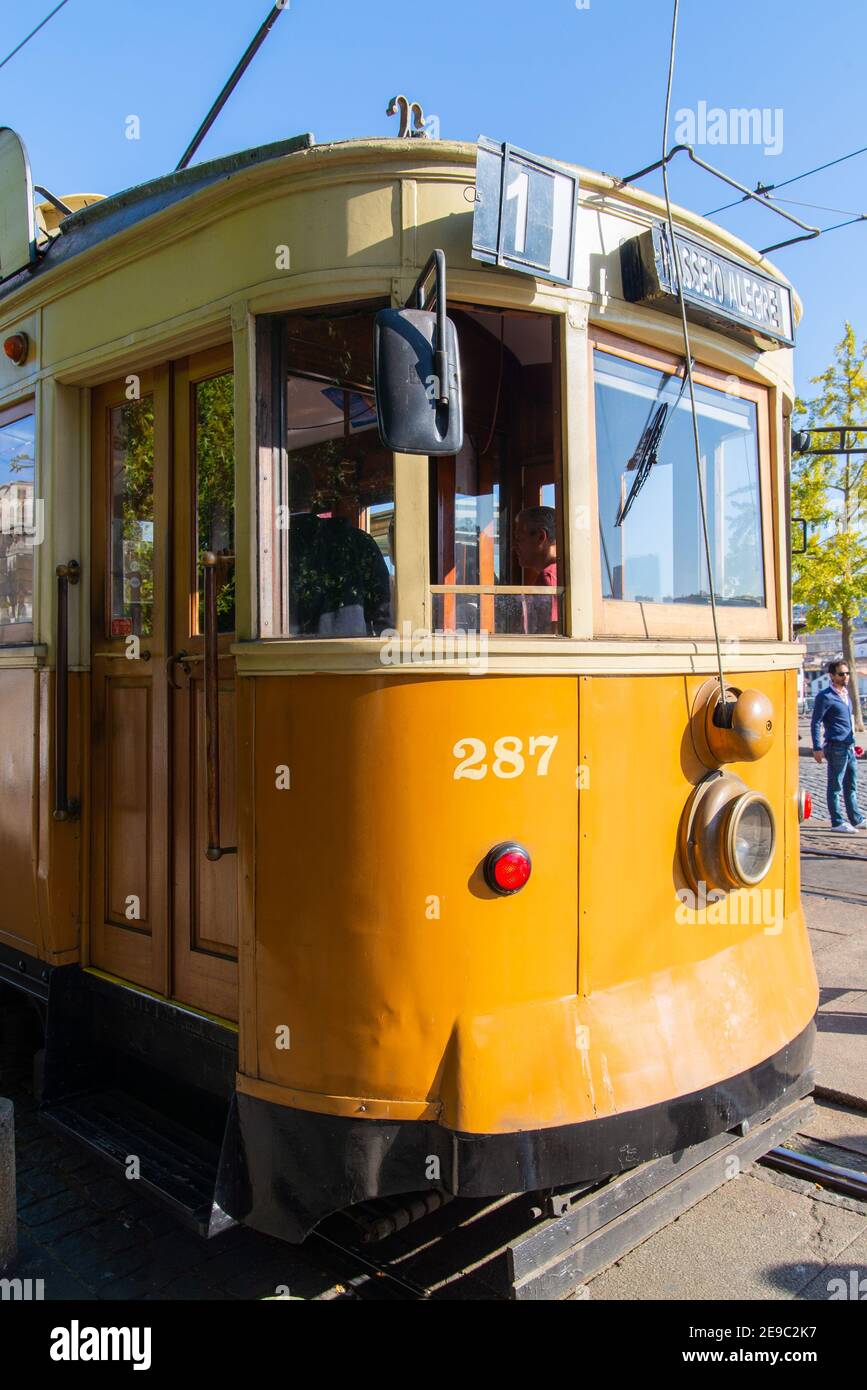 Portugal, Porto, October 06, 2018: Close up a historical tram in Porto ...