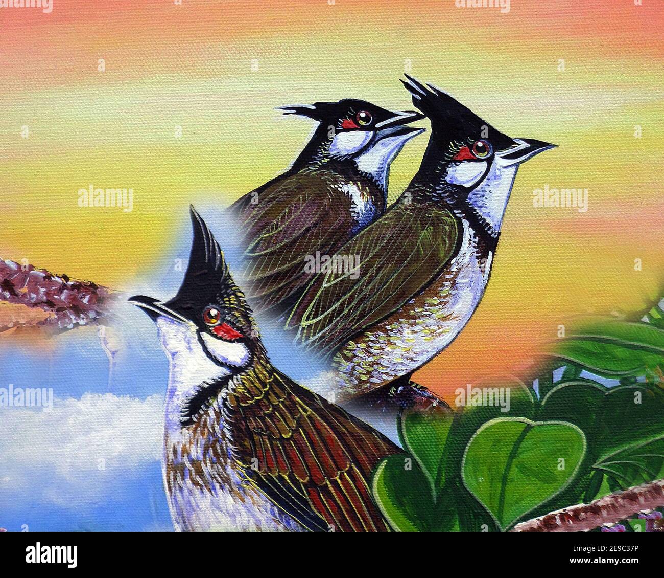 Art painting oil color animal spigot bird Red-whiskered bulbul Stock ...