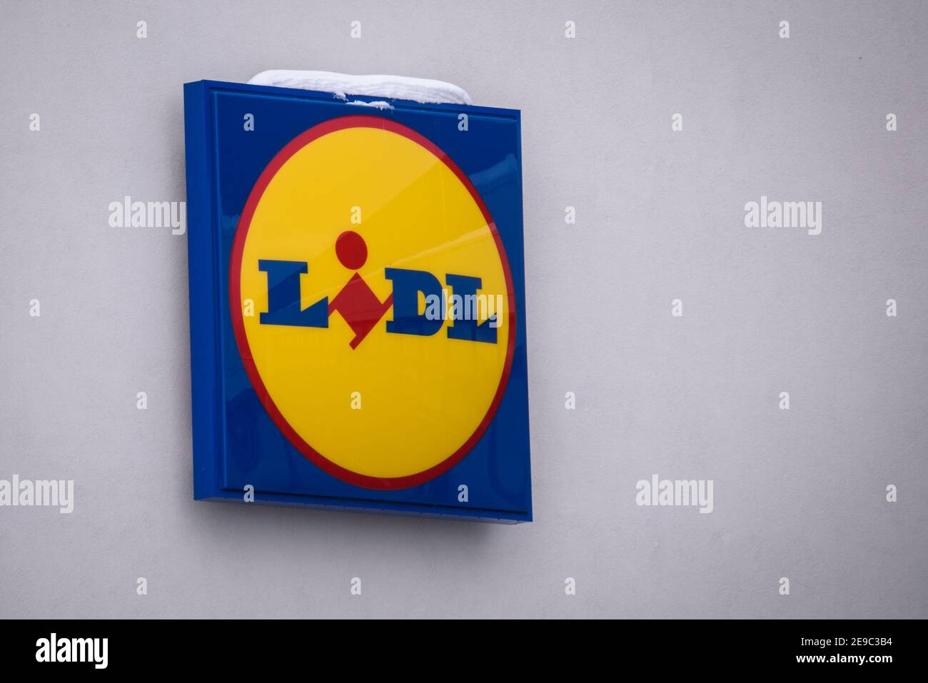 RIGA, LATVIA. 2nd February 2021. Logo of Lidl company on logistics ...
