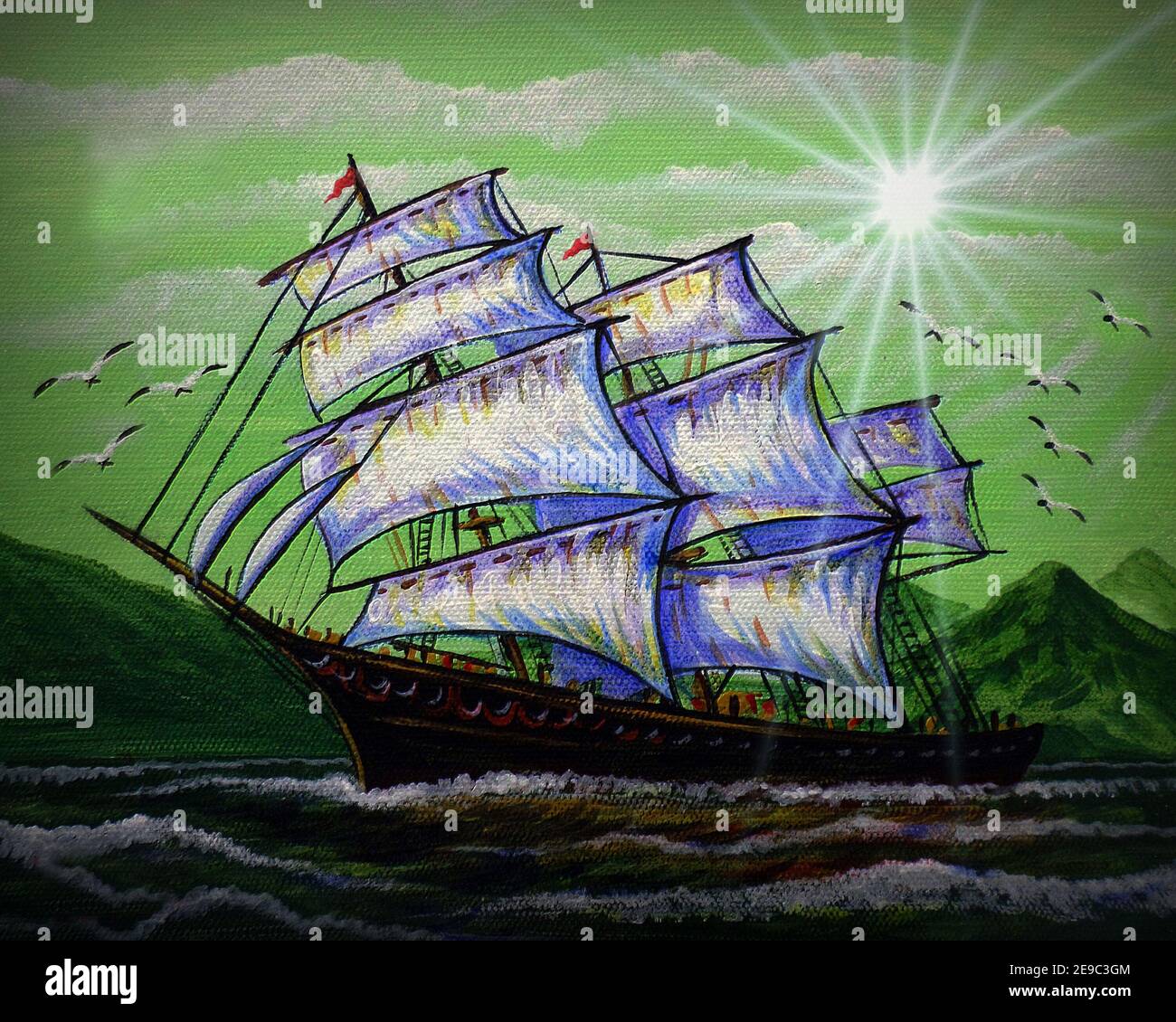 Hand drawn,Art ,painting ,Oil color, Auspicious ,junk ,barque,Lucky ...
