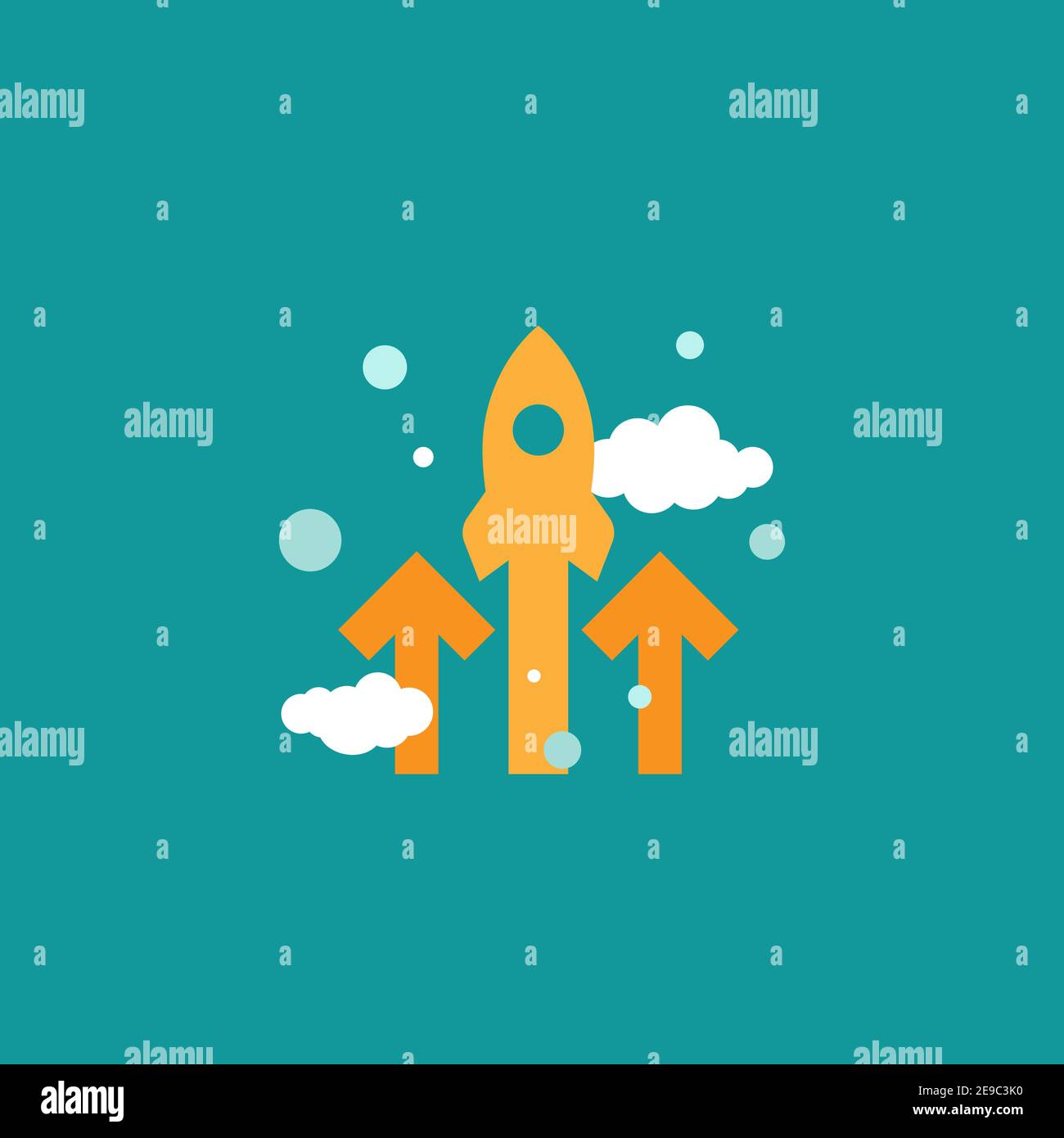 three red arrows up with rocket and clouds on blue background. Launch ...