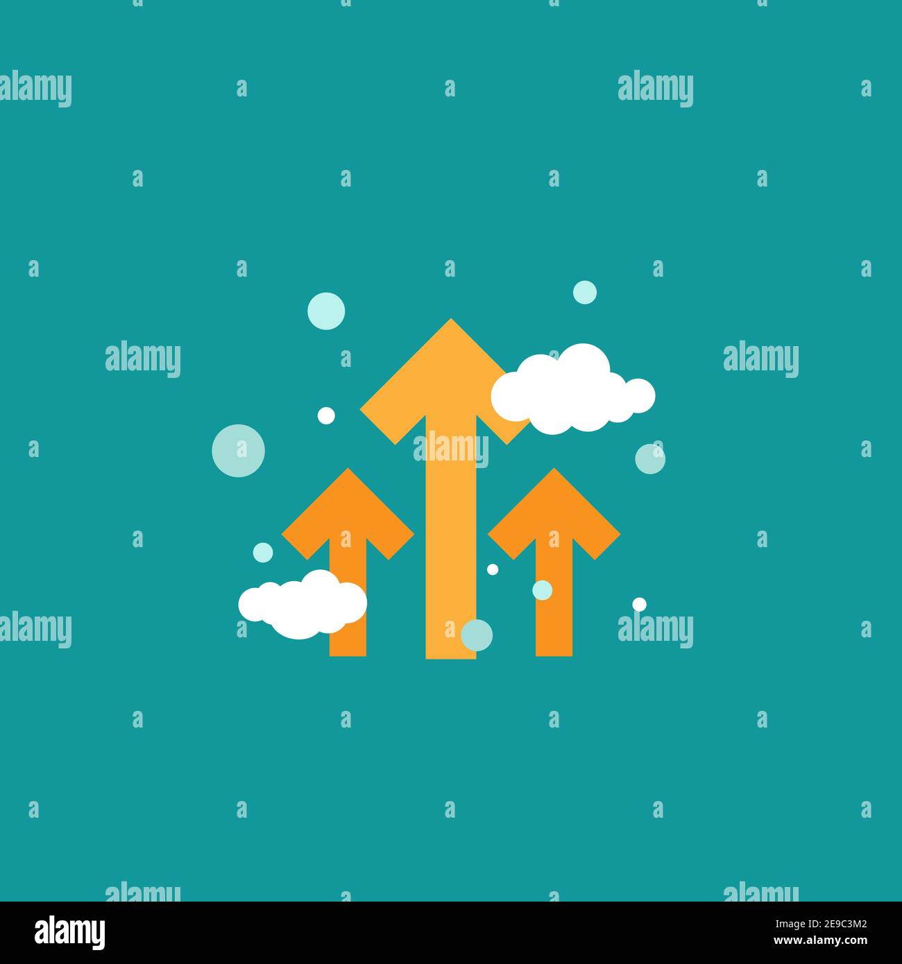 three orange arrows up with dots and clouds on blue background. Launch ...