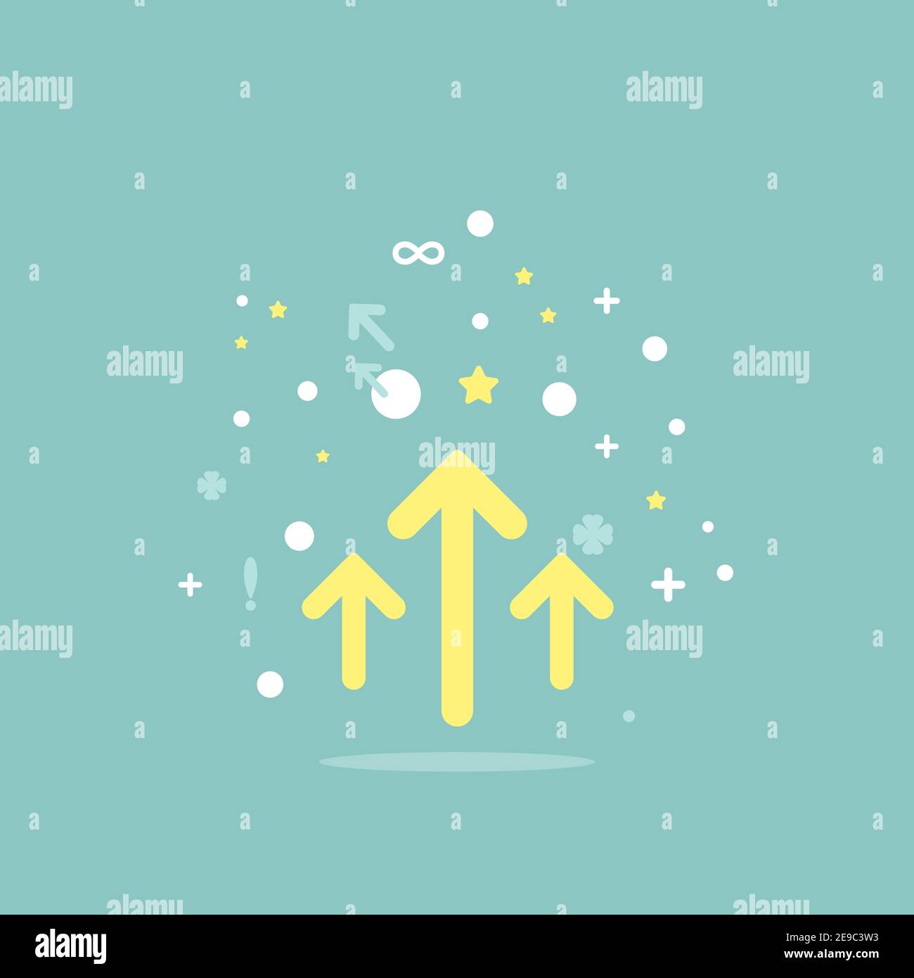 three yellow arrows up with signs, dots and stars on tblue background ...