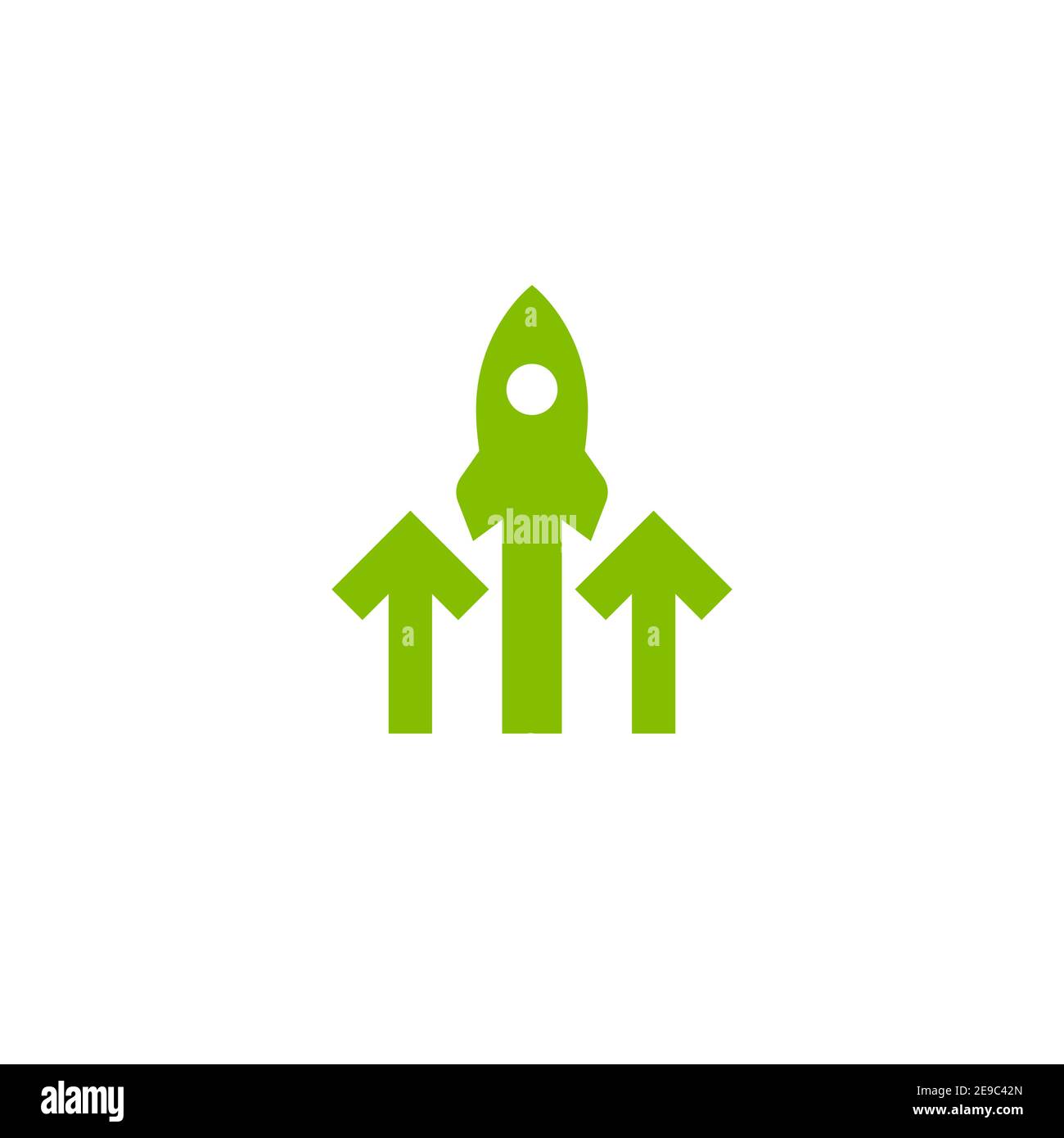 three green arrows up with rocket icon. Isolated on white. Launch icon ...