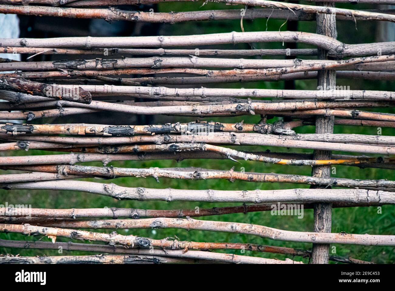 Close-up fence made of wooden rods. Wicker fence made of twigs. Natural ...