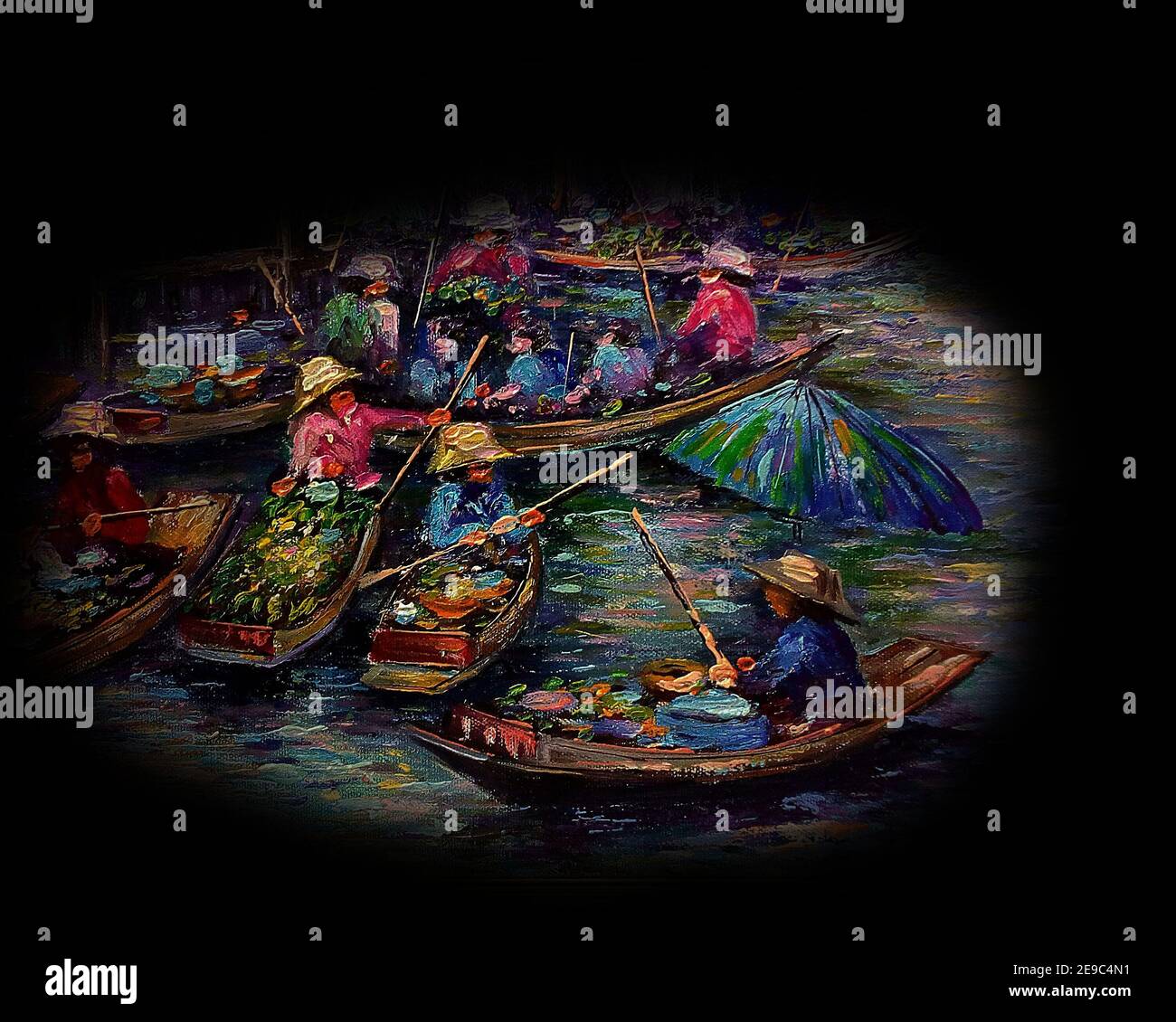 Art painting Oil color Floating market Thailand , rural life , rural ...