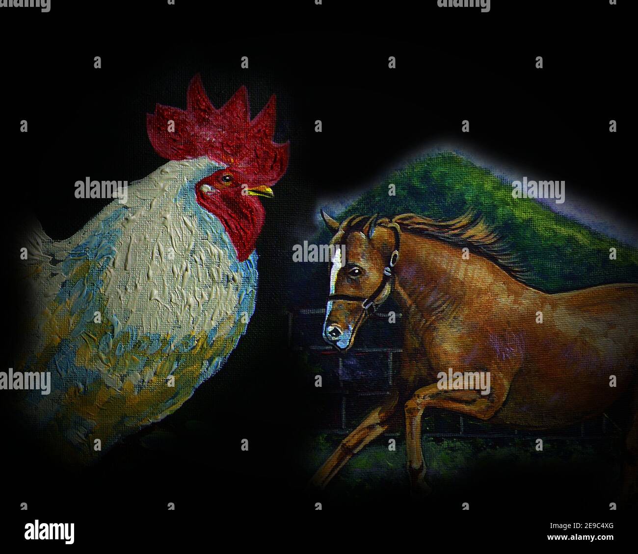 Art, painting, oil ,color ,, chicken, cock, hen,chick , paint brushes ...