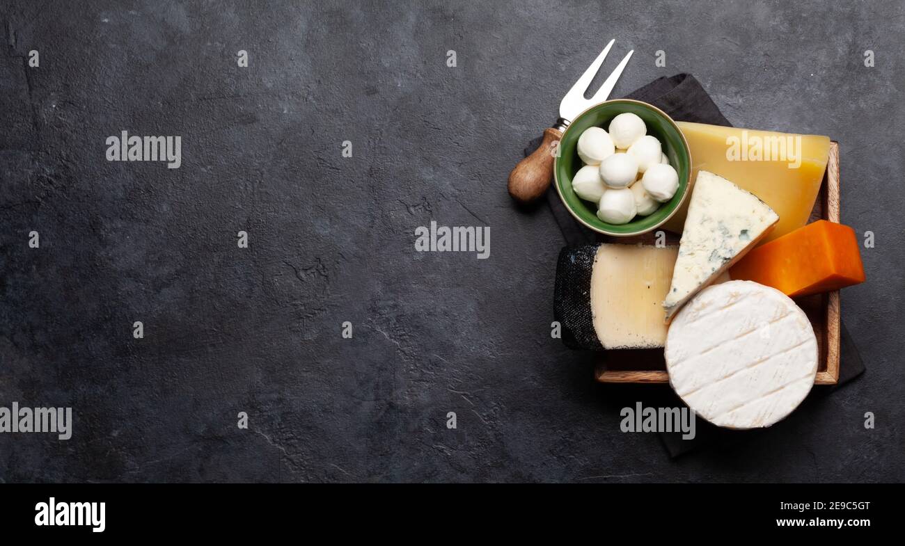 Various cheese in box. Top view flat lay with copy space Stock Photo ...