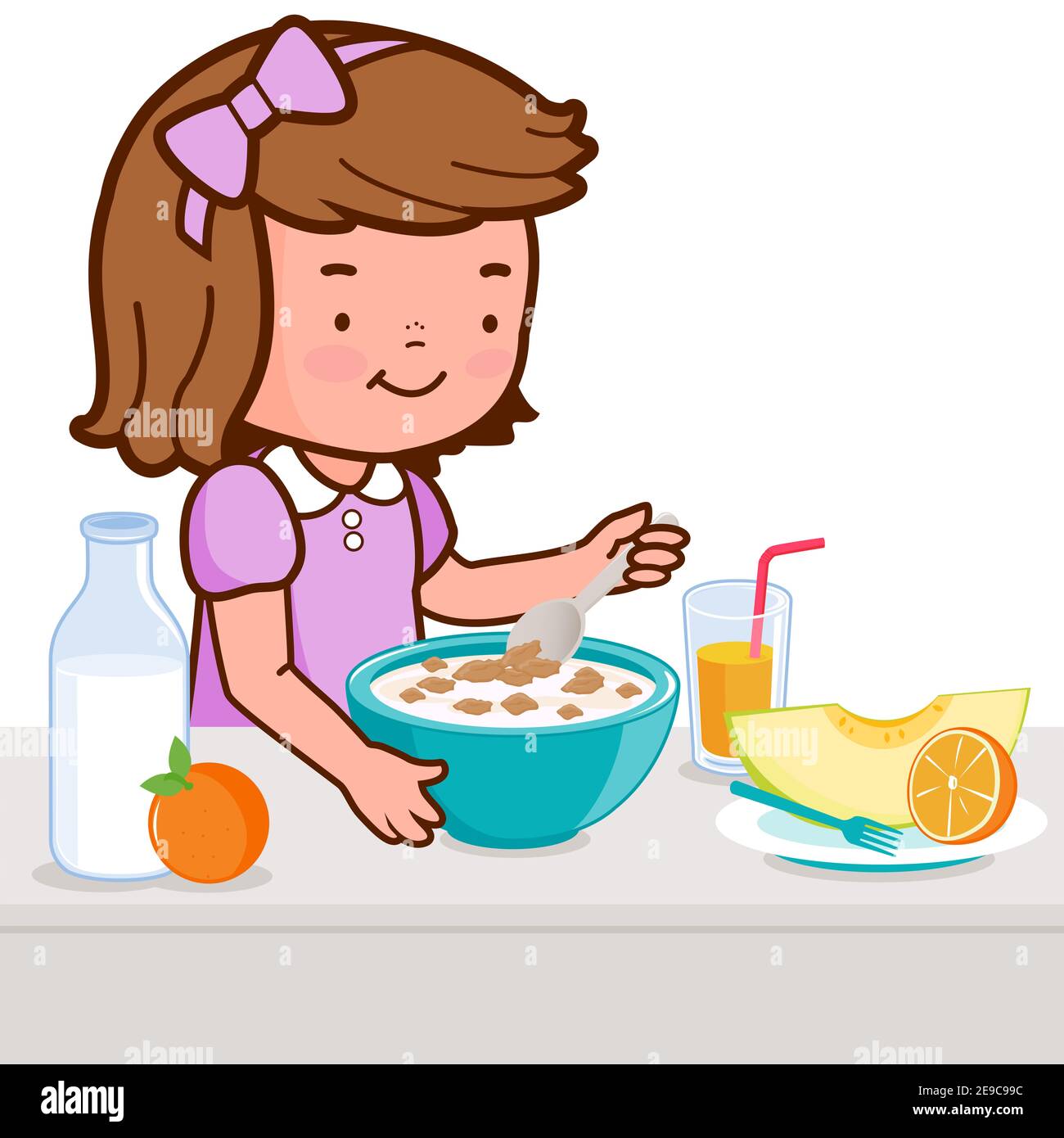 A Girl Is Eating Her Breakfast Of Cereal Milk Juice And Fruits Stock