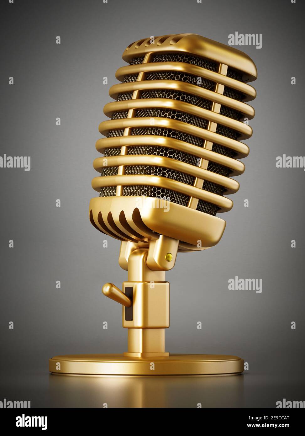 Retro golden microphone on dark background. 3D illustration Stock Photo ...