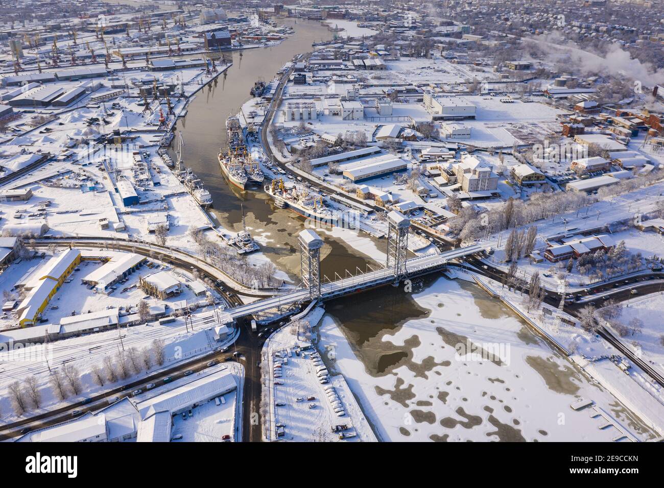 Aerial: The two-tier bridge in the background of the Kaliningrad port ...