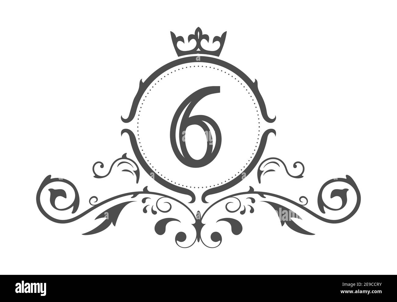 Stylized number 6. Ornament and crown monogram template for business ...