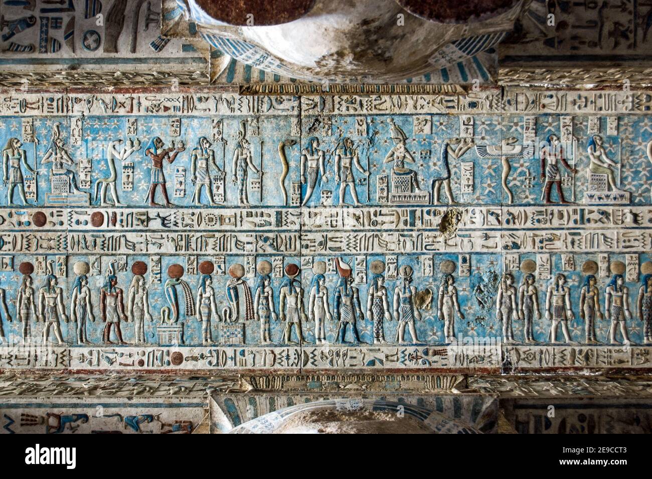 Carved and painted gods of Ancient Egypt. Ceiling at Dendera Temple ...