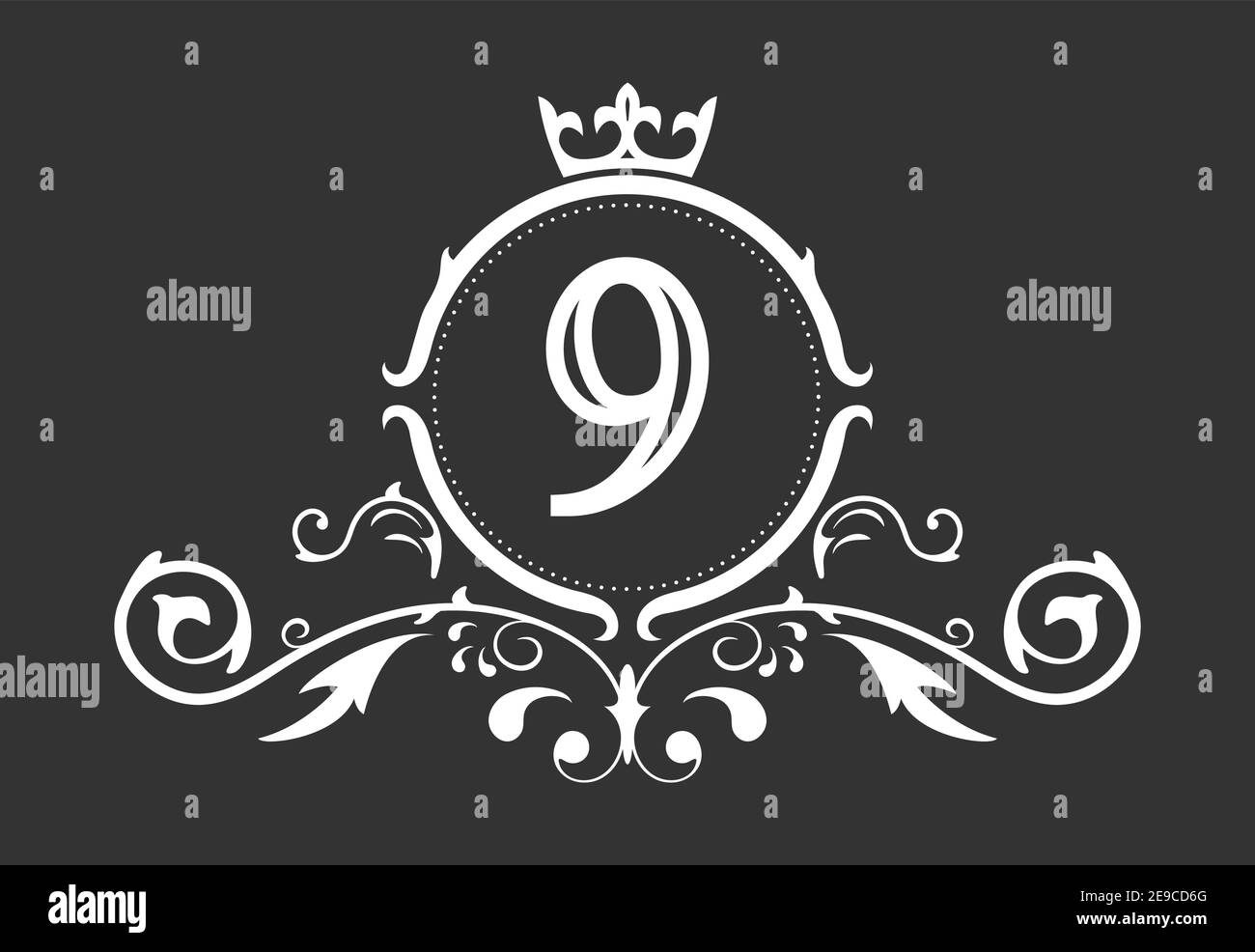 Stylized number 9. Ornament and crown monogram template for business ...