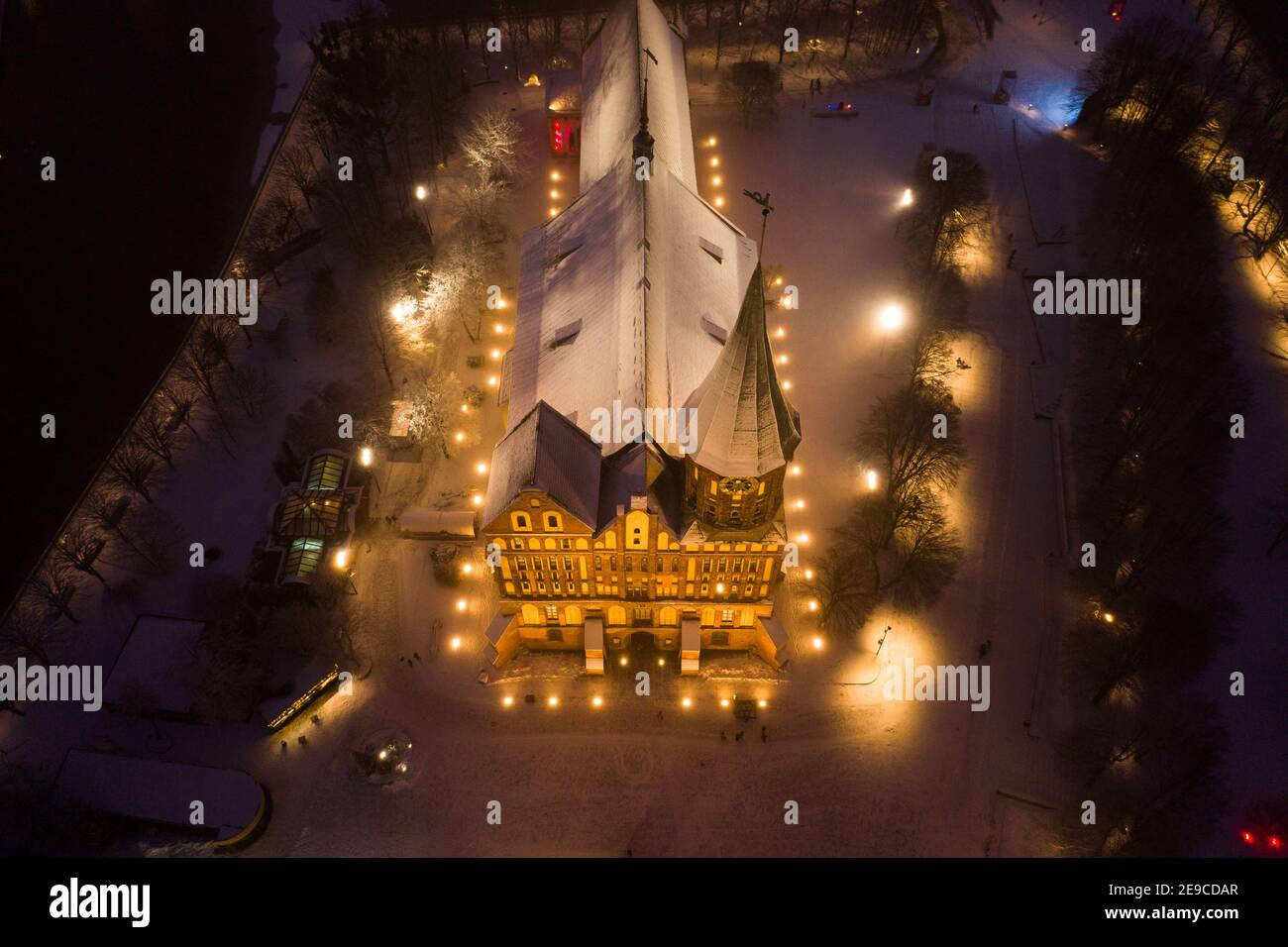 Aerial view of the Cathedral in Kaliningrad at the night in the ...