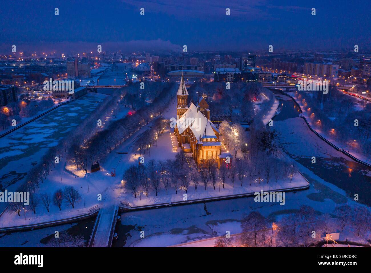 Aerial view of the Cathedral in Kaliningrad in the winter, sunrise time ...