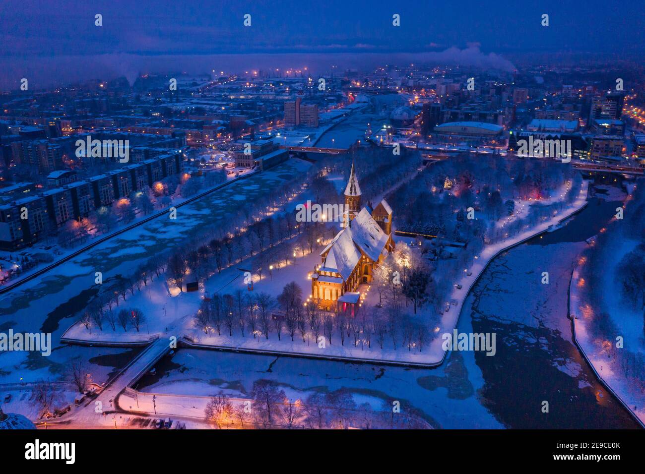 Aerial view of the Cathedral in Kaliningrad in the winter, sunrise time ...