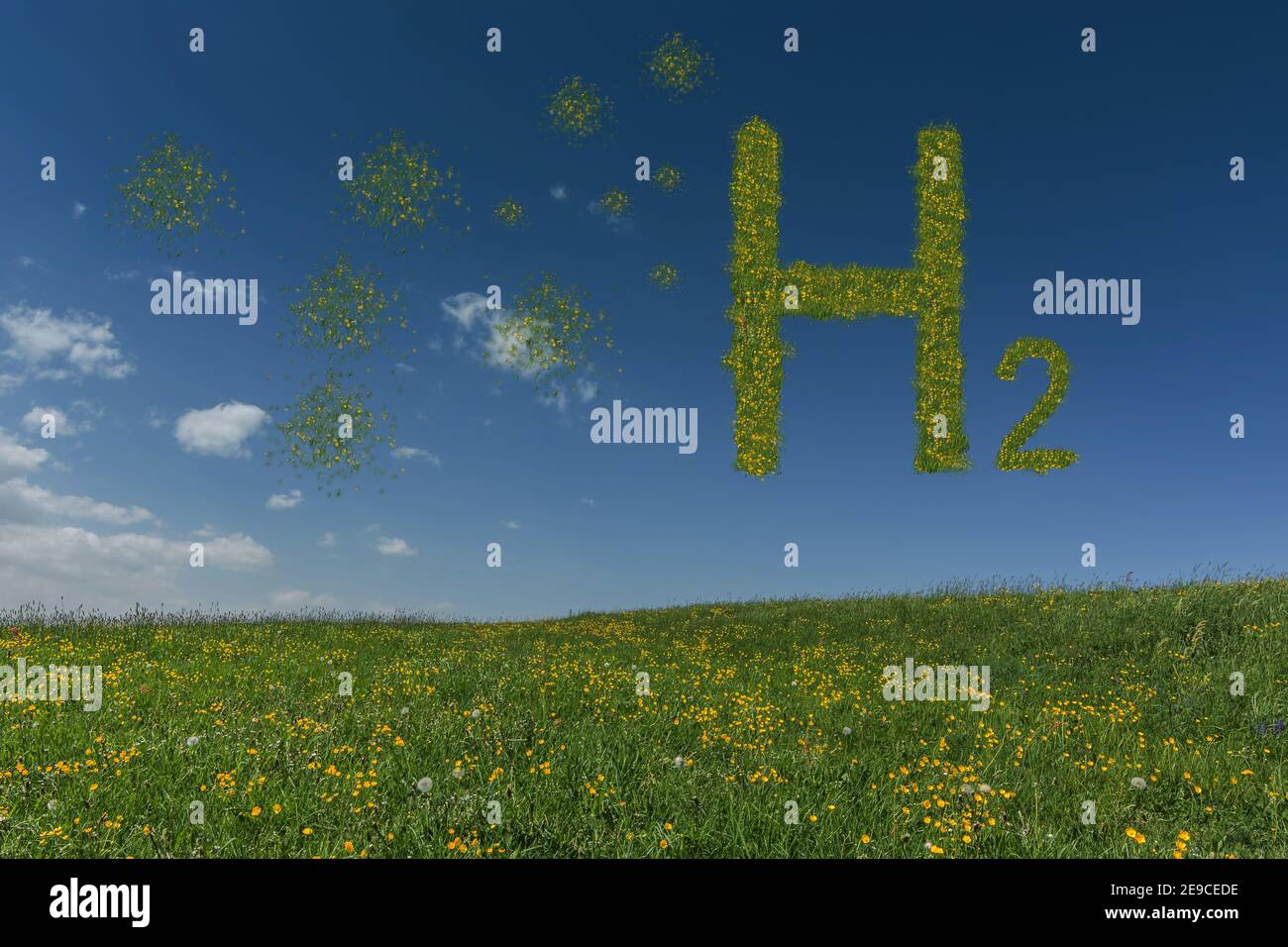 large letters with grass hydrogen h2 on blue sky and green spots and ...