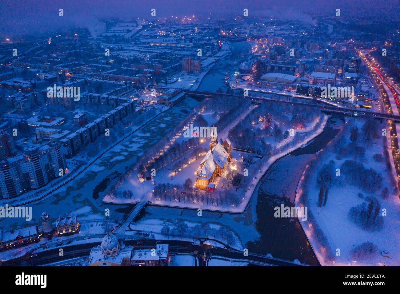 Aerial view of the Cathedral in Kaliningrad in the winter, sunrise time ...