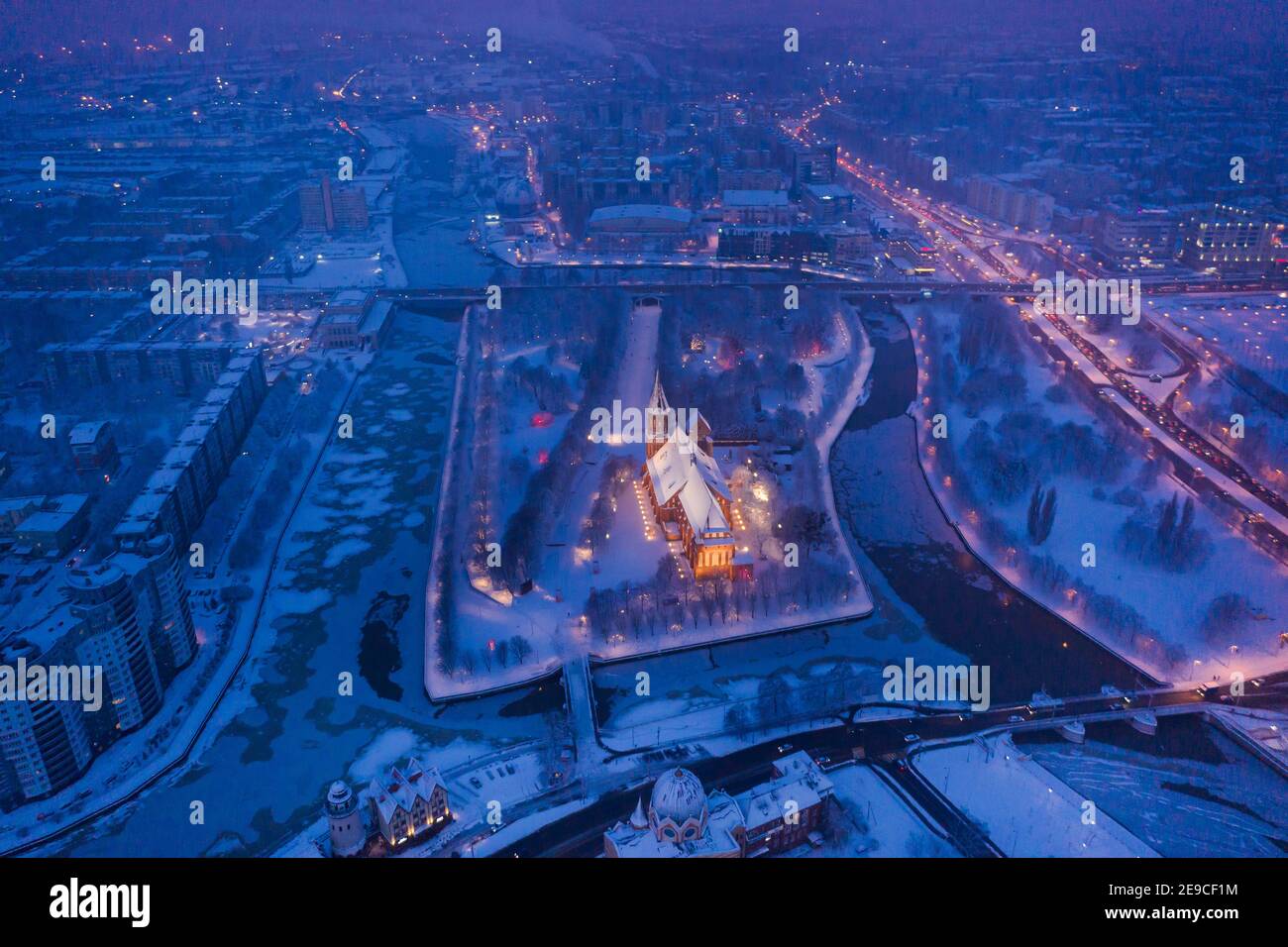 Aerial view of the Cathedral in Kaliningrad in the winter, sunrise time ...