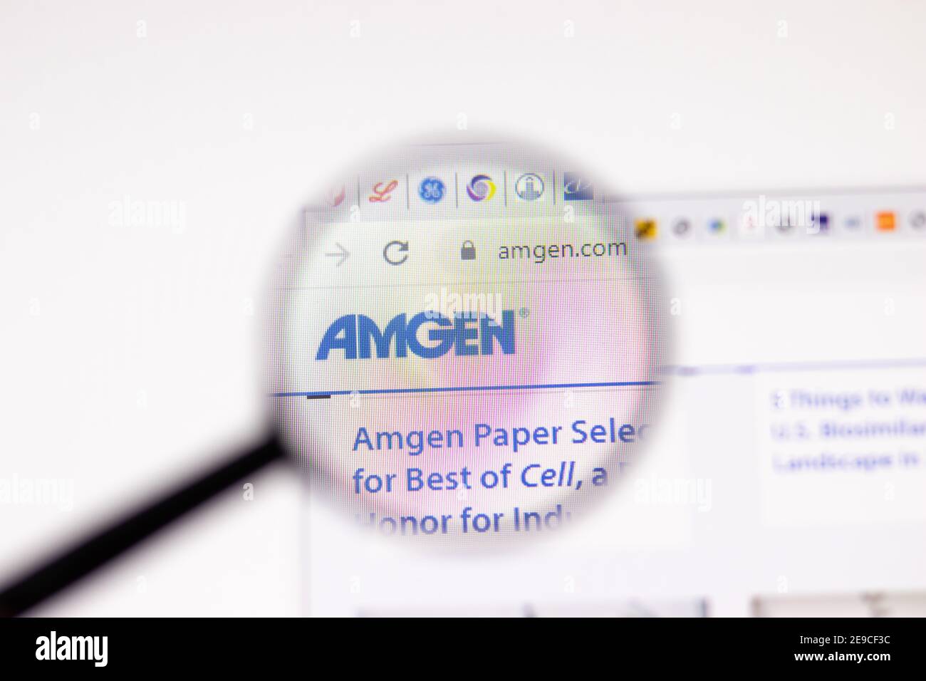 Los Angeles, USA - 1 February 2021: Amgen website page. Amgen.com logo ...