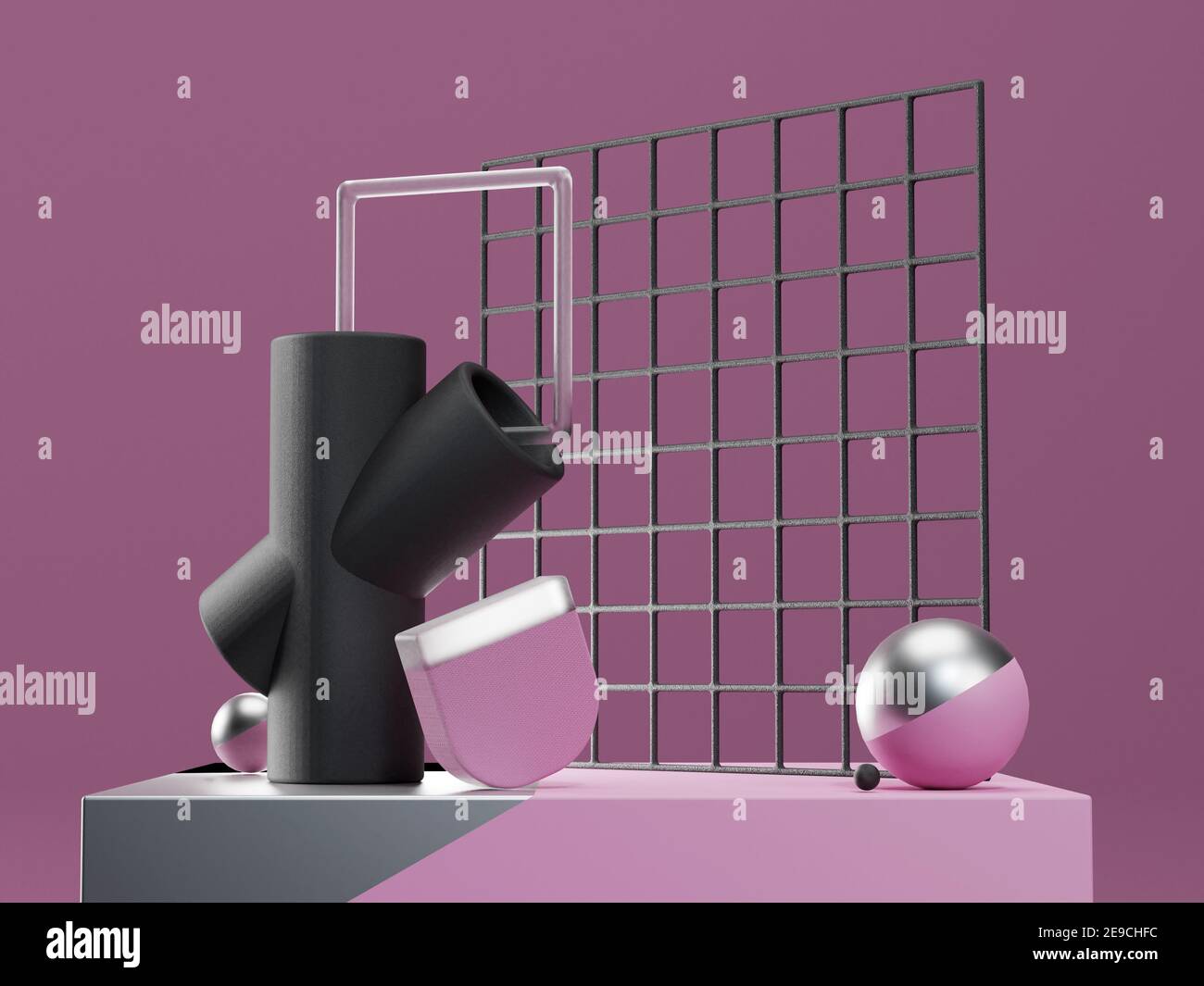 3d render stage with abstract geometric shapes in purple, black and ...