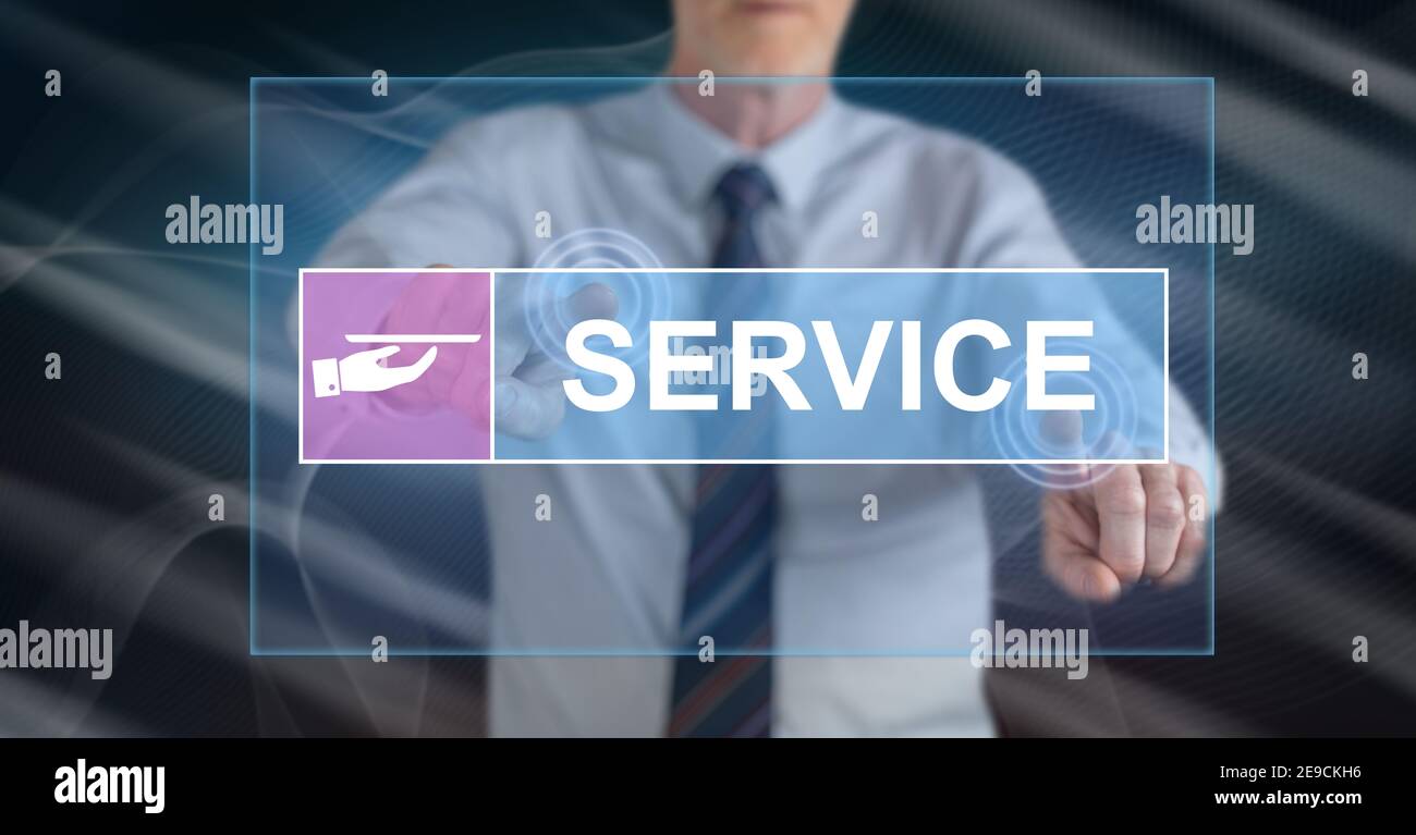 Man touching a customer service concept on a touch screen with his ...