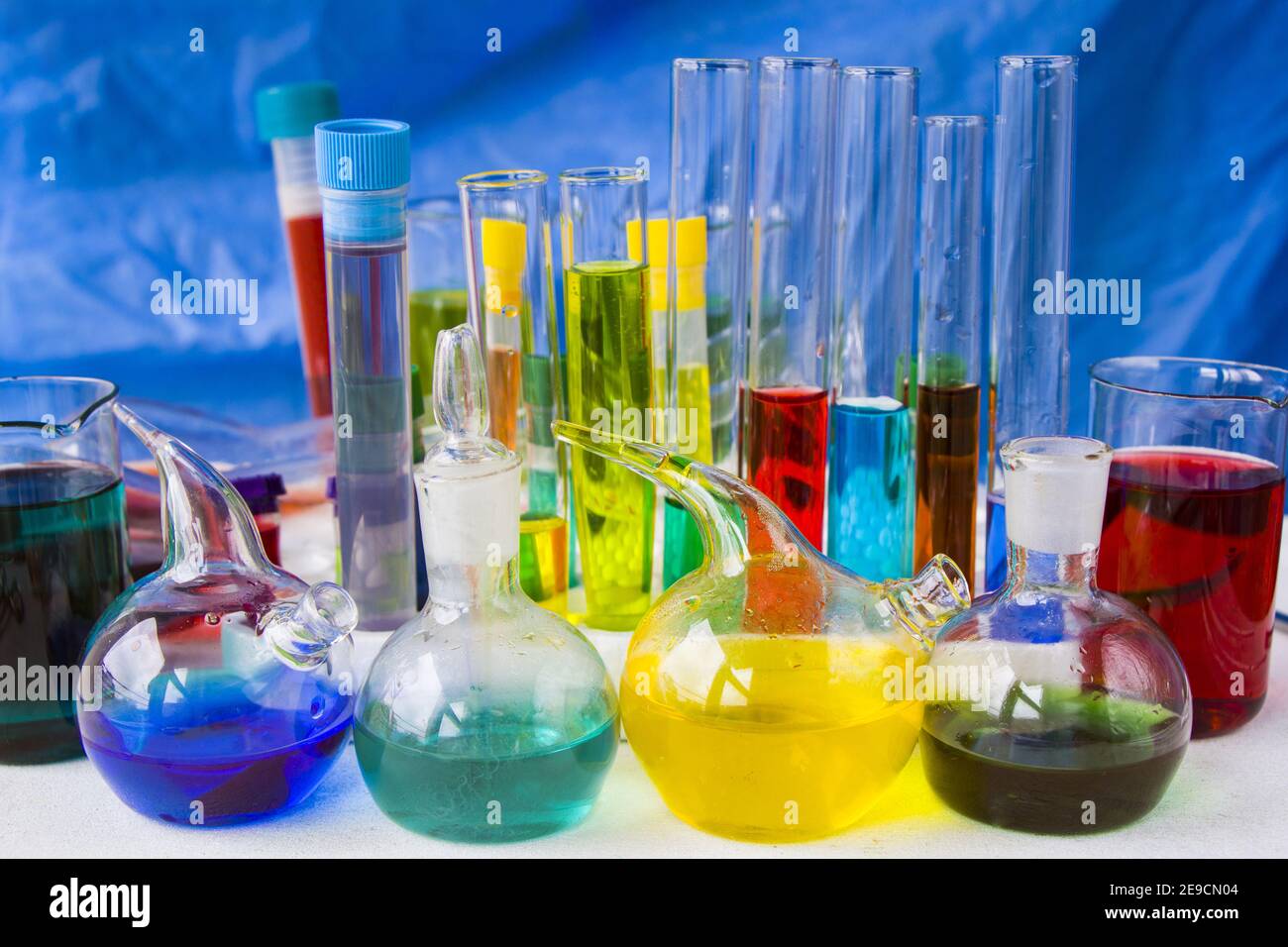 Instruments, glassware and reagents, colorful liquid chemical elements ...