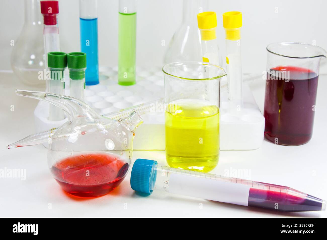 Closeup of laboratory equipment with chemical liquid elements in ...