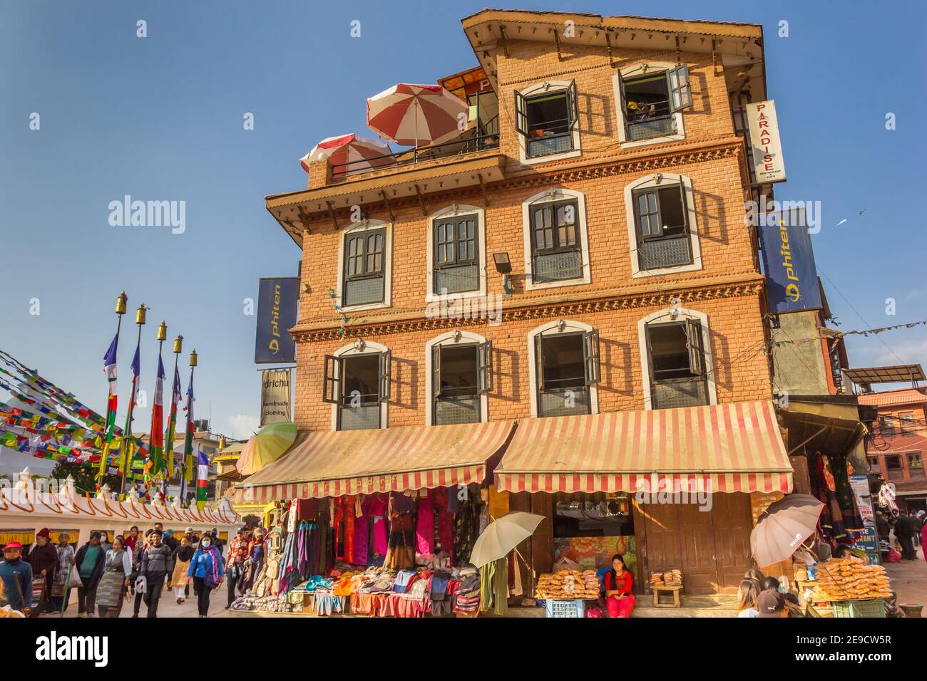 Colorful shop at the Boudhanath stupa in Kathmandu, Nepal Stock Photo ...