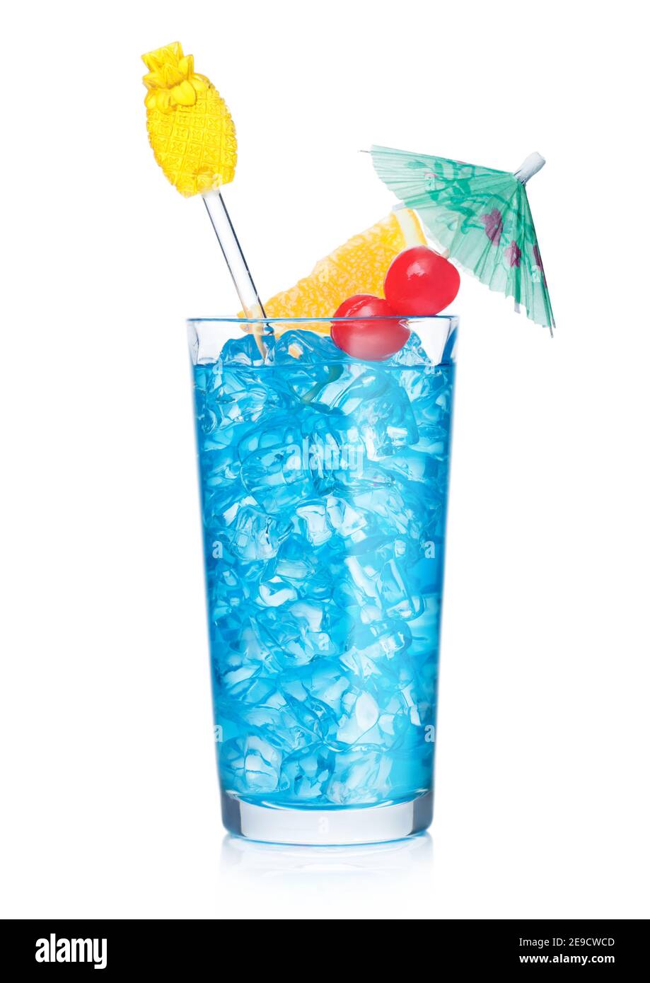 Blue lagoon cocktail highball glass with stirrer and orange slice with ...