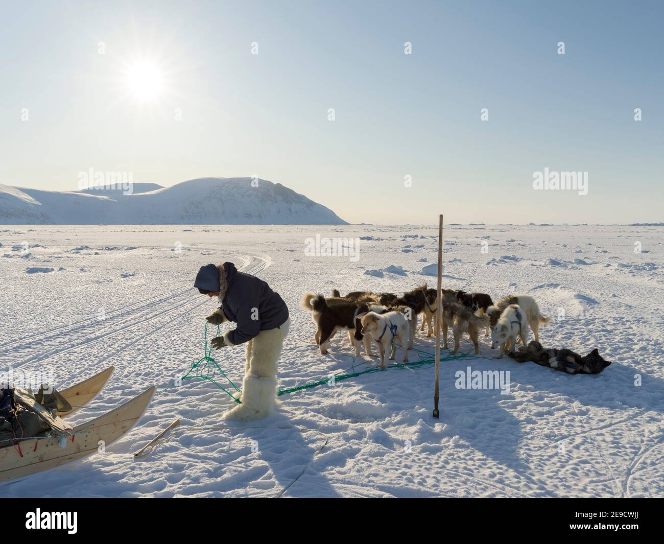 Inuit hunter wearing traditional trousers and boots made from polar ...