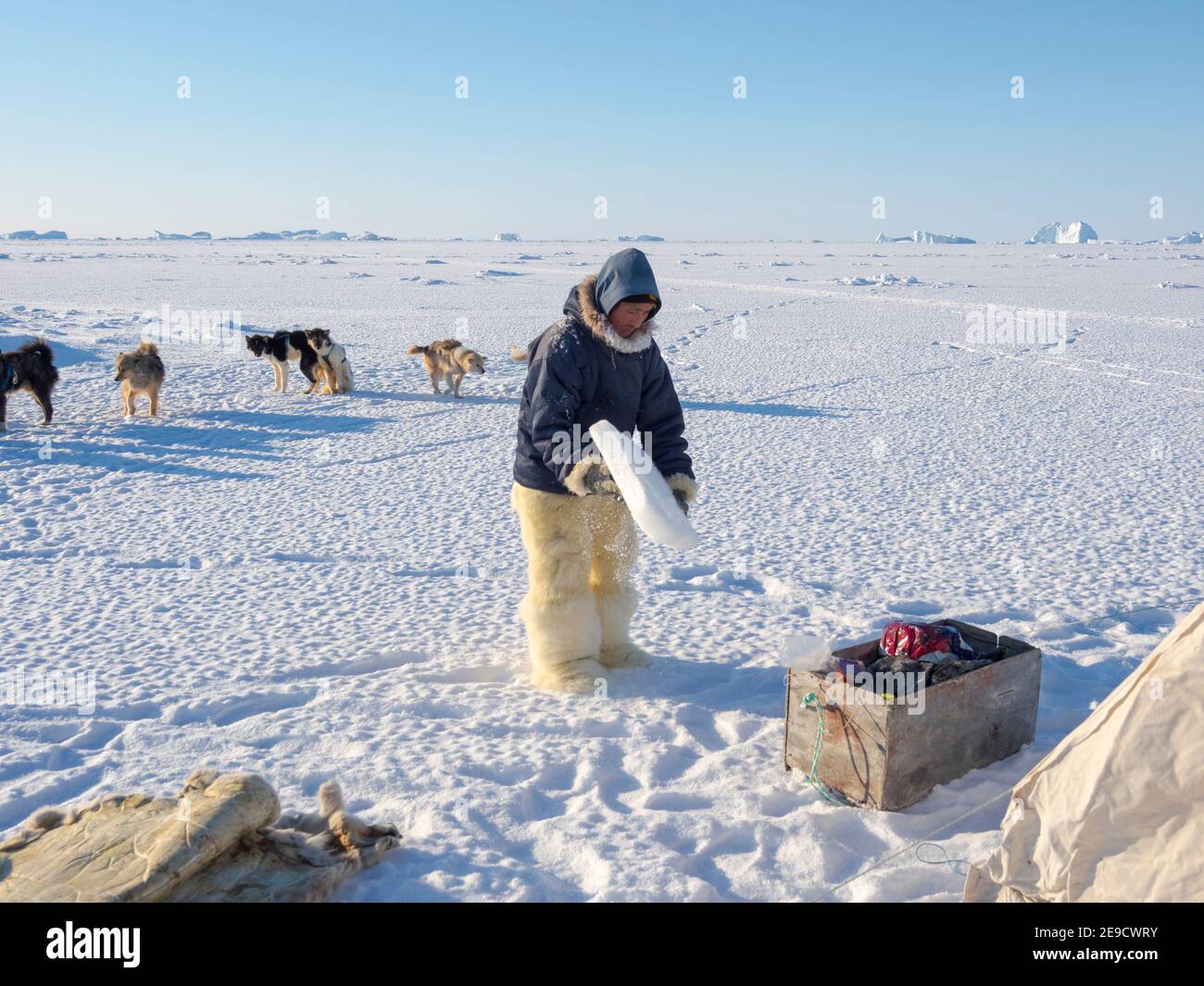 Inuit hunter wearing traditional trousers and boots made from polar ...