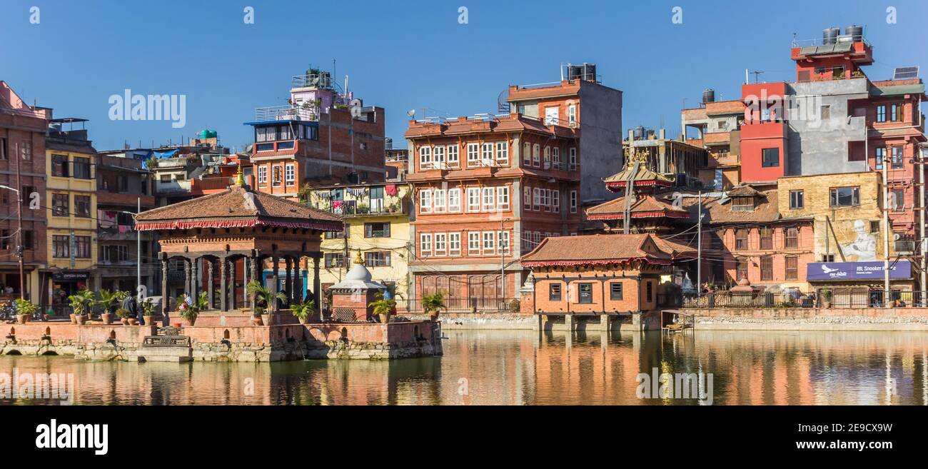 Panorama of Pimbahal Pokhari Krishna Temple and houses in Patan, Nepal ...