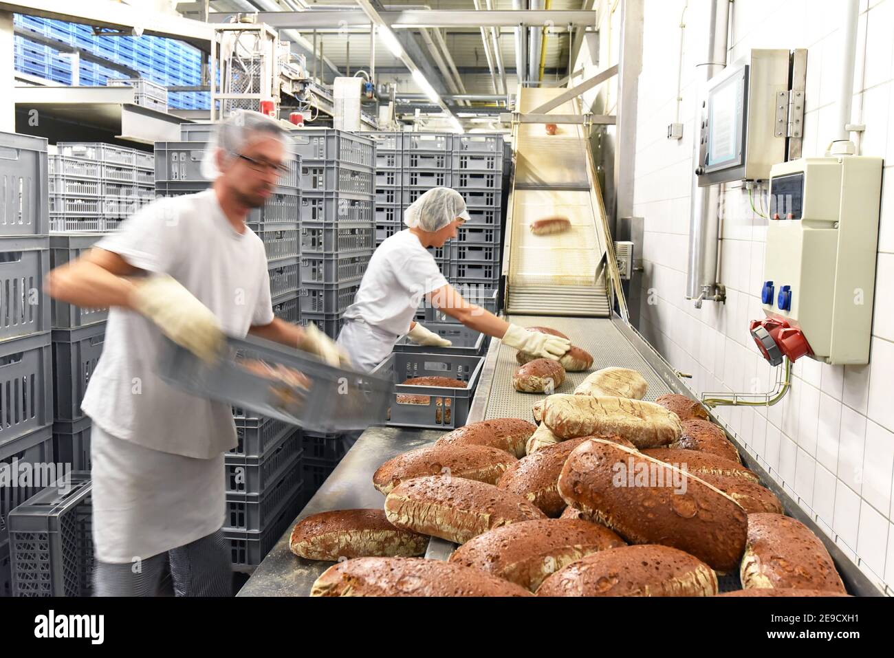 Worker in a large bakery - industrial production of bakery products on ...