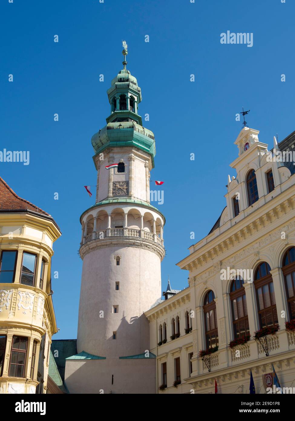 Firewatch Tower (Tueztorony), the landmark of Sopron, and the town hall ...