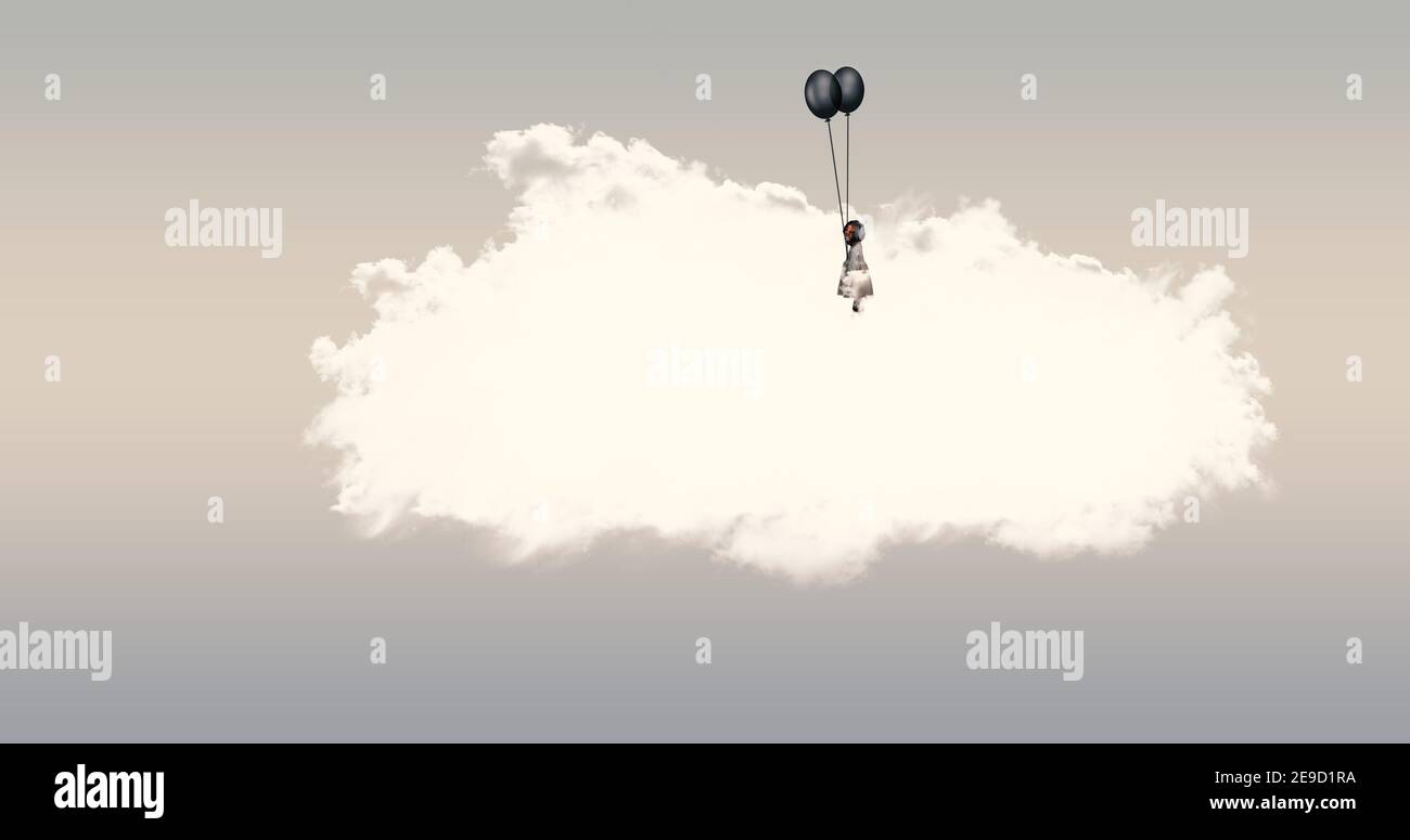 Illustration of a cloud with space for text and balloons against a gray ...