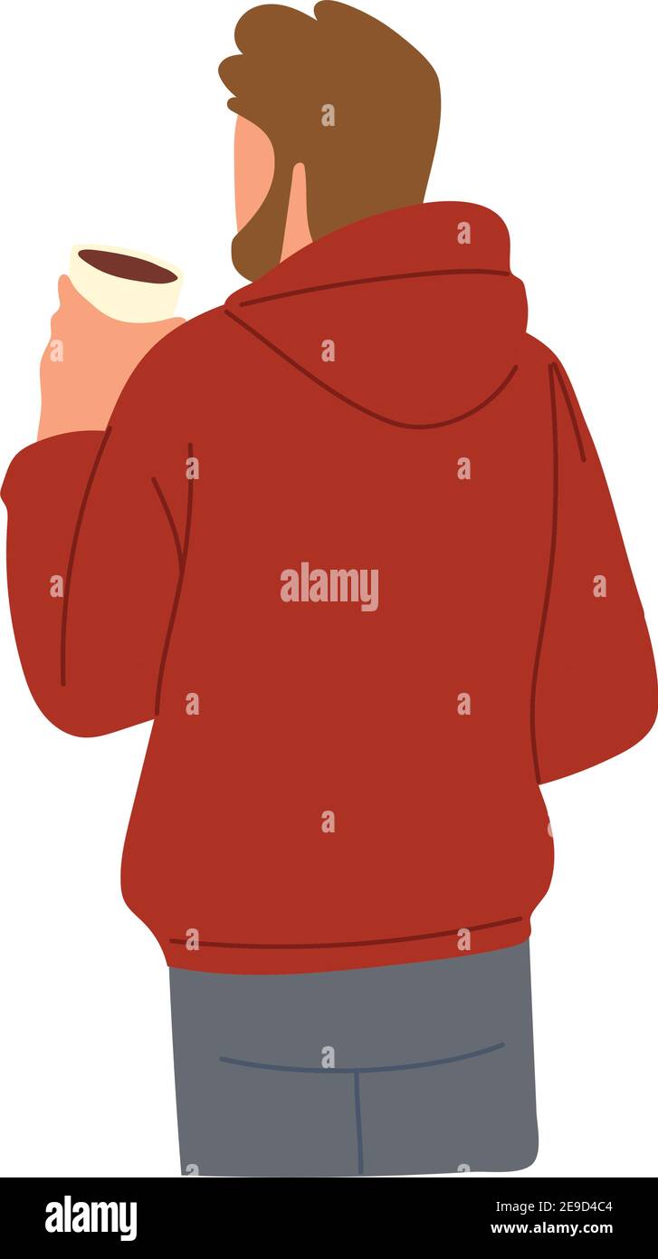 beard man holds disposable coffee cup, back view vector illustration ...