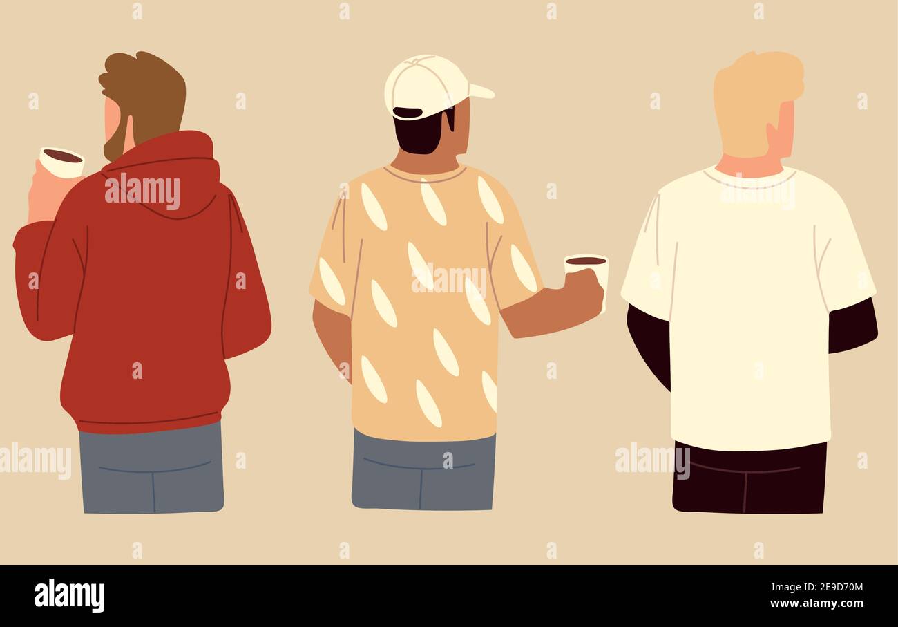 group of men drinking coffee in cups, back view vector illustration ...