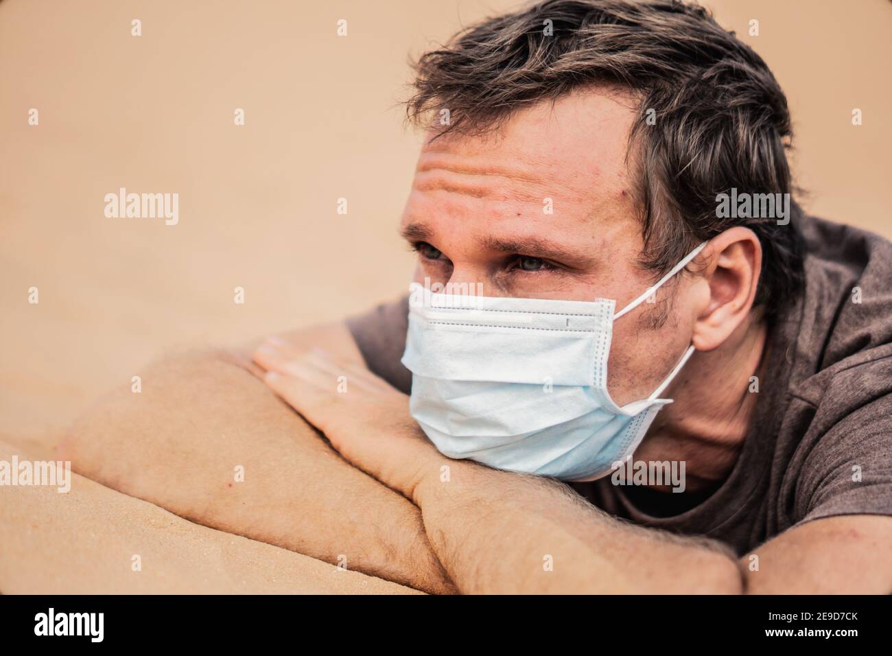 Side portrait young man wear protective mask, face expression emotion ...