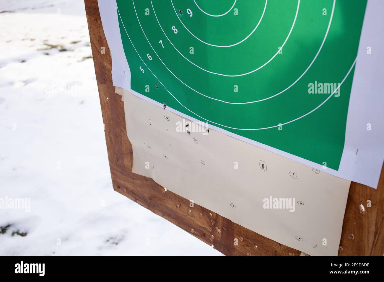 Paper target in the dash, hanging. Winter, firearms, gunfire on target ...